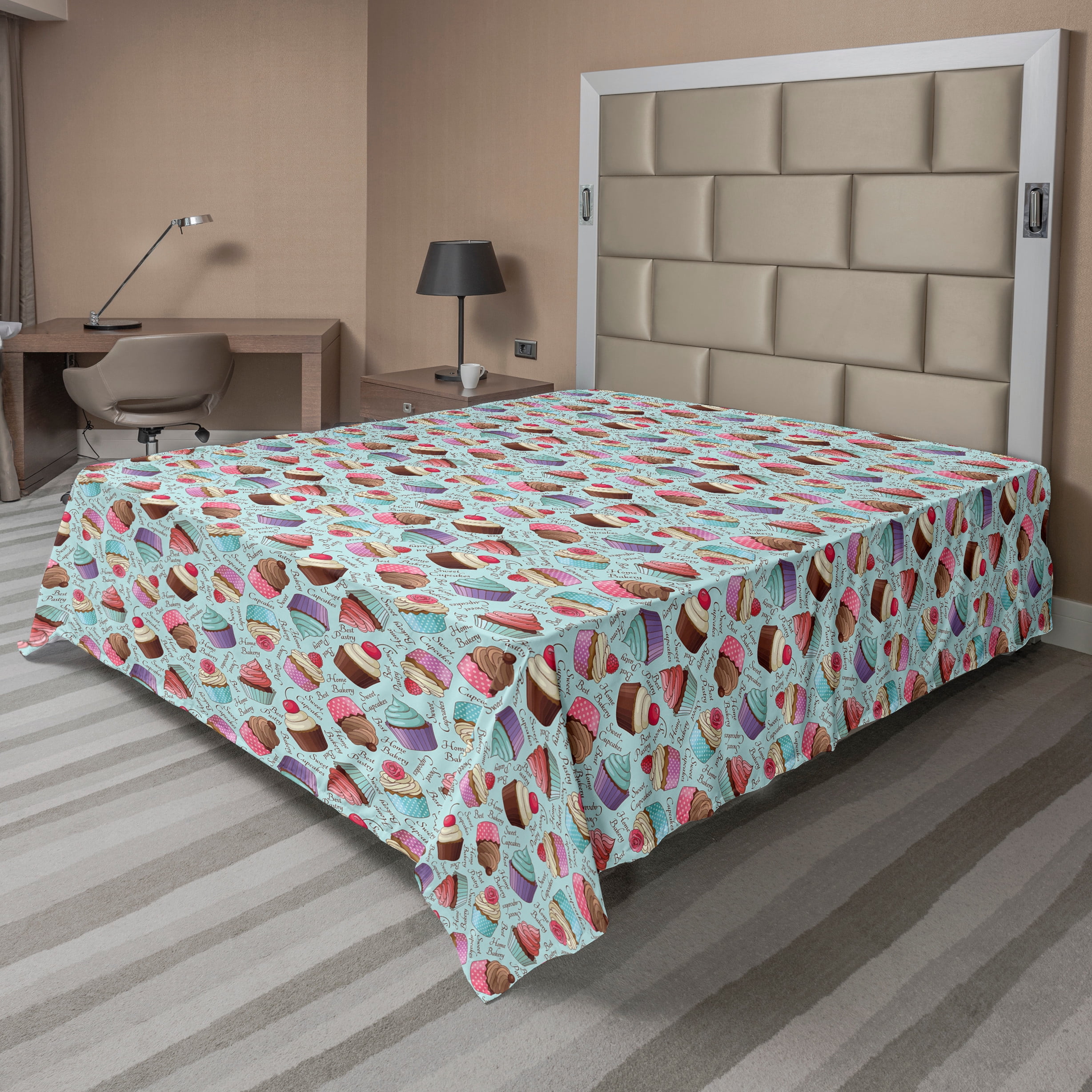 Ambesonne Cupcake Flat Sheet, Pastry Cakes Calligraphy, California King ...