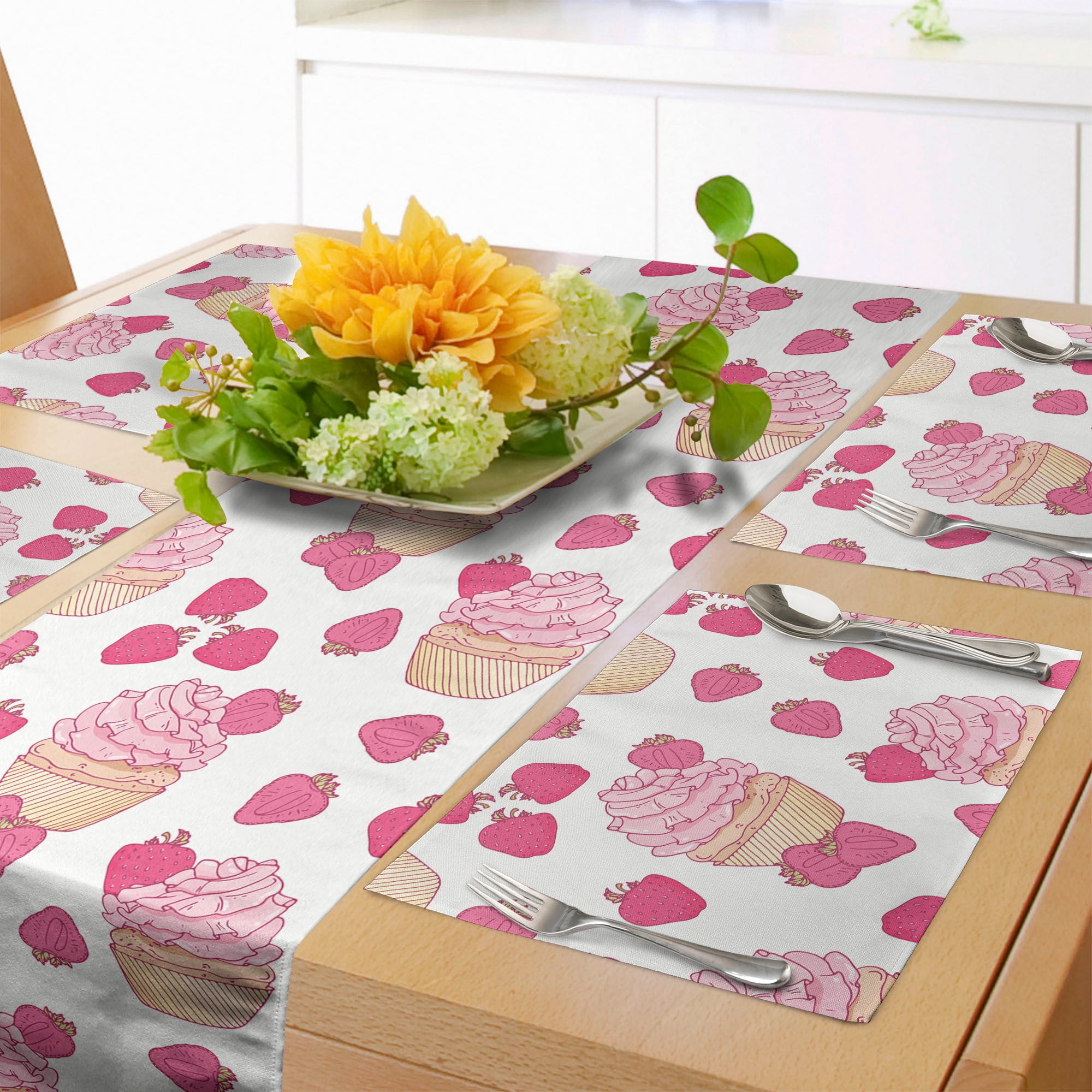 Ambesonne Cupcake Table Runner & Placemats, Doodle Style Strawberry ...