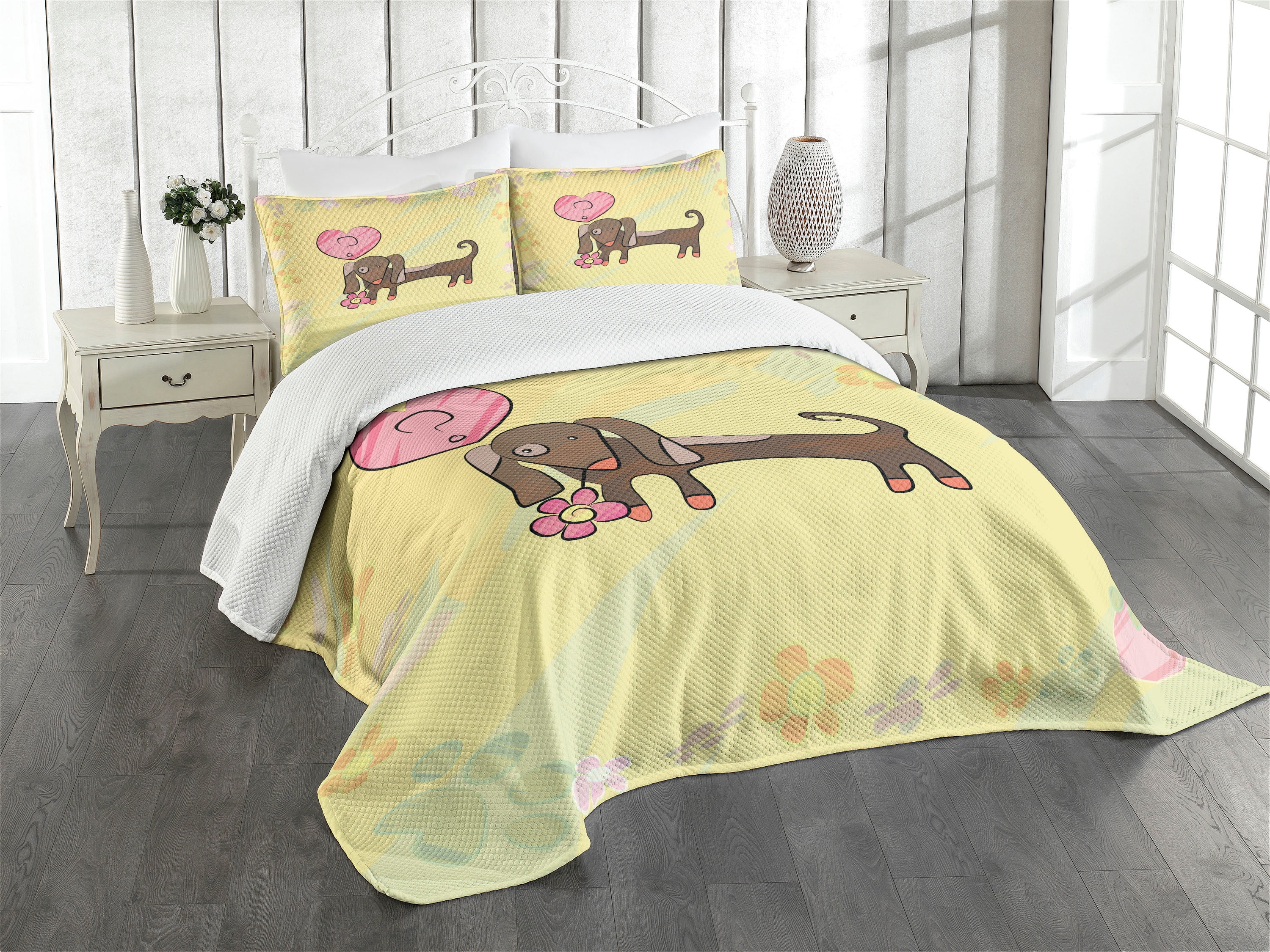 Ambesonne Dachshund Quilted Bedspread Set 3 Pcs, Colorful Dog Design ...