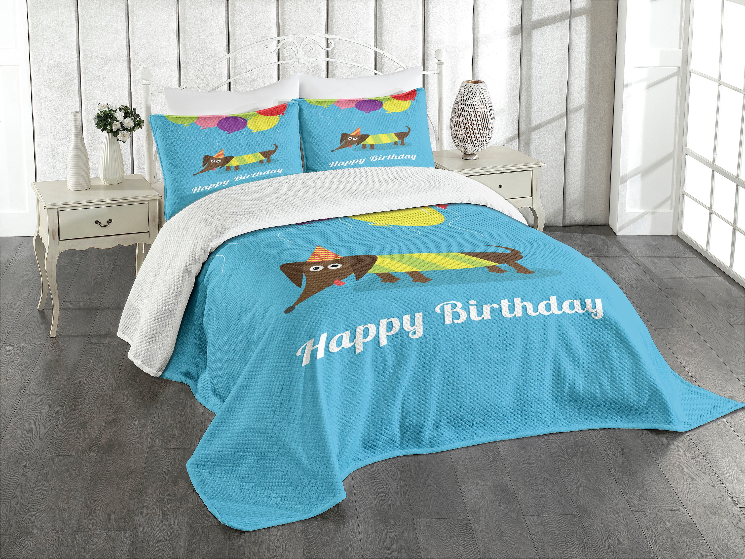 Ambesonne Dachshund Quilted Bedspread Set 3 Pcs, Dog and Balloons, King ...