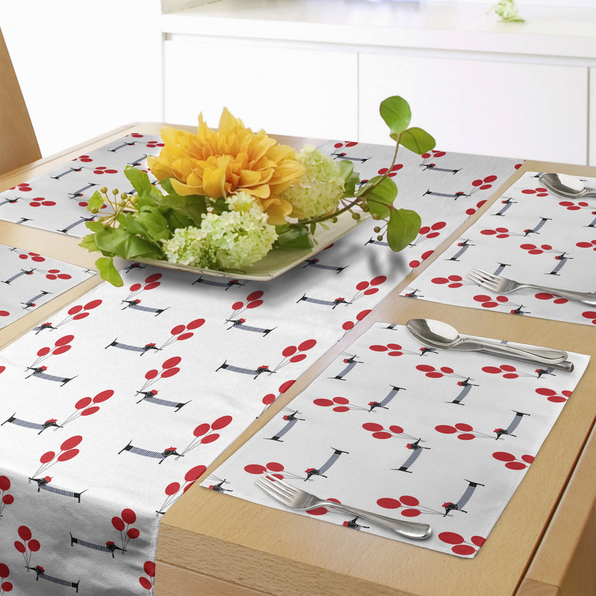 Ambesonne Dachshund Table Runner & Placemats, Parisian Dog and Balloons, Placemat 4 pcs + Runner ...