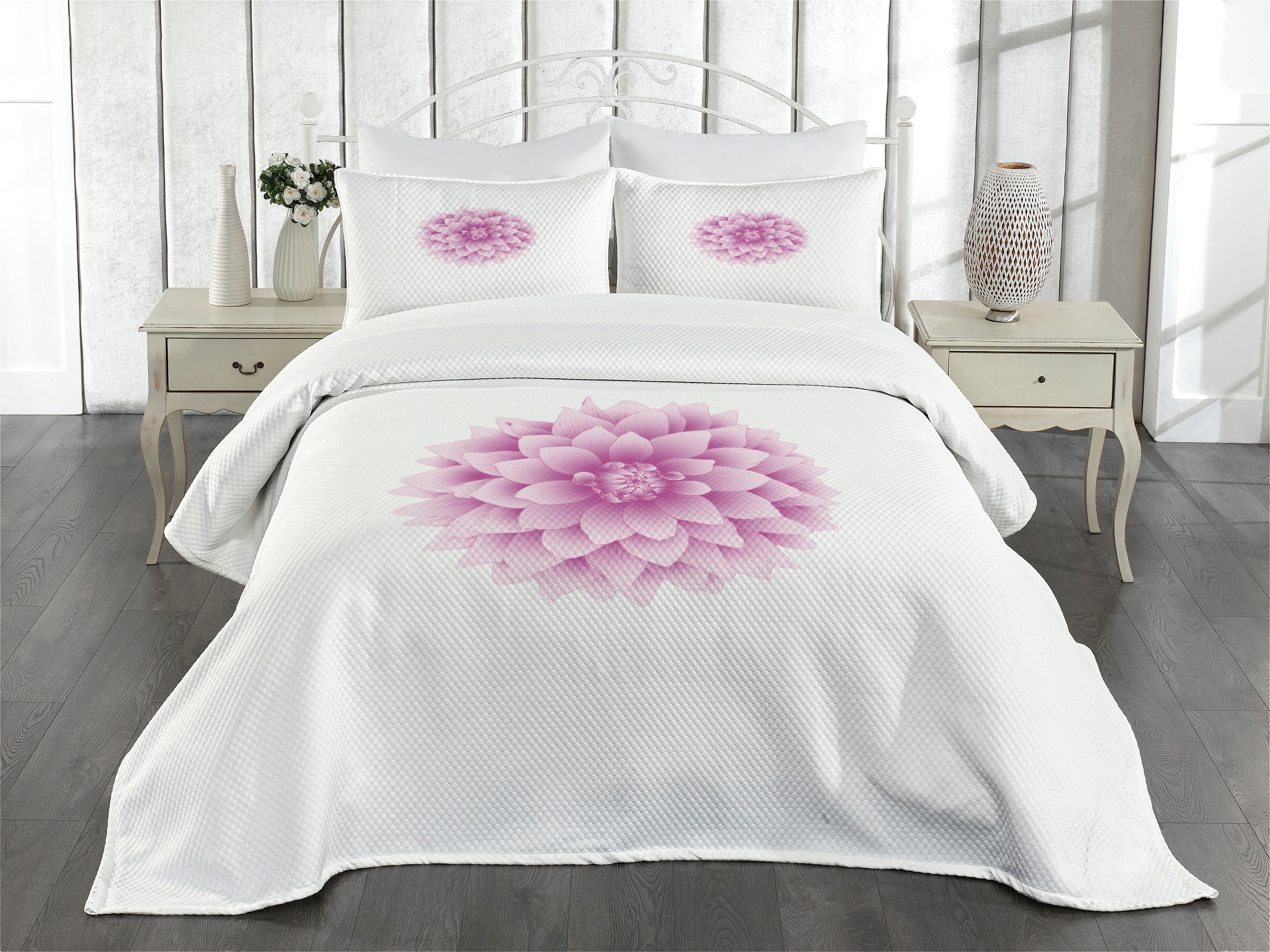 Ambesonne Dahlia Quilted Bedspread Set 3 Pcs, Purple Dahlia with ...