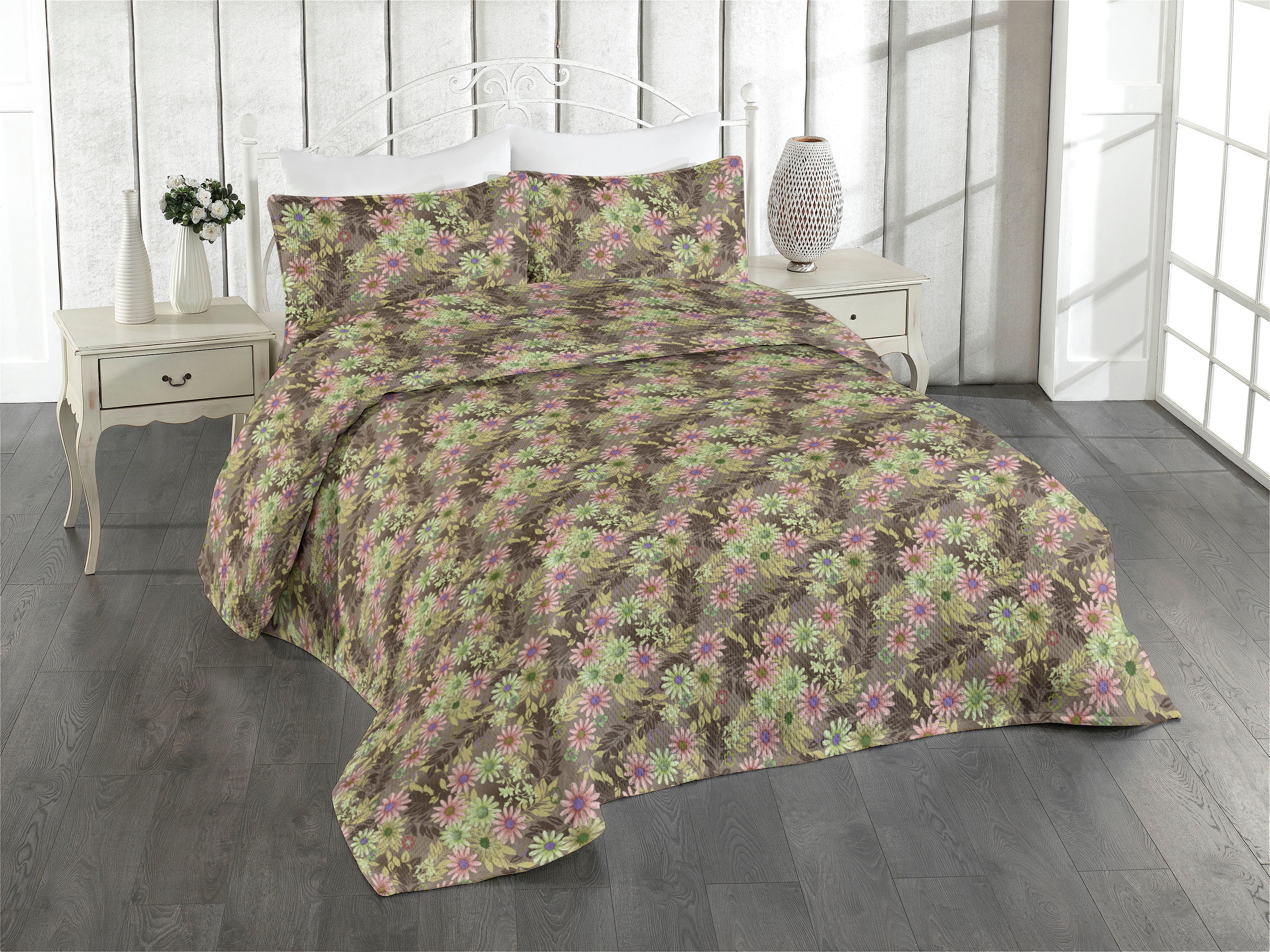 Ambesonne Daisy Pattern Quilted Bedspread Set 3 Pcs, Retro Art ...