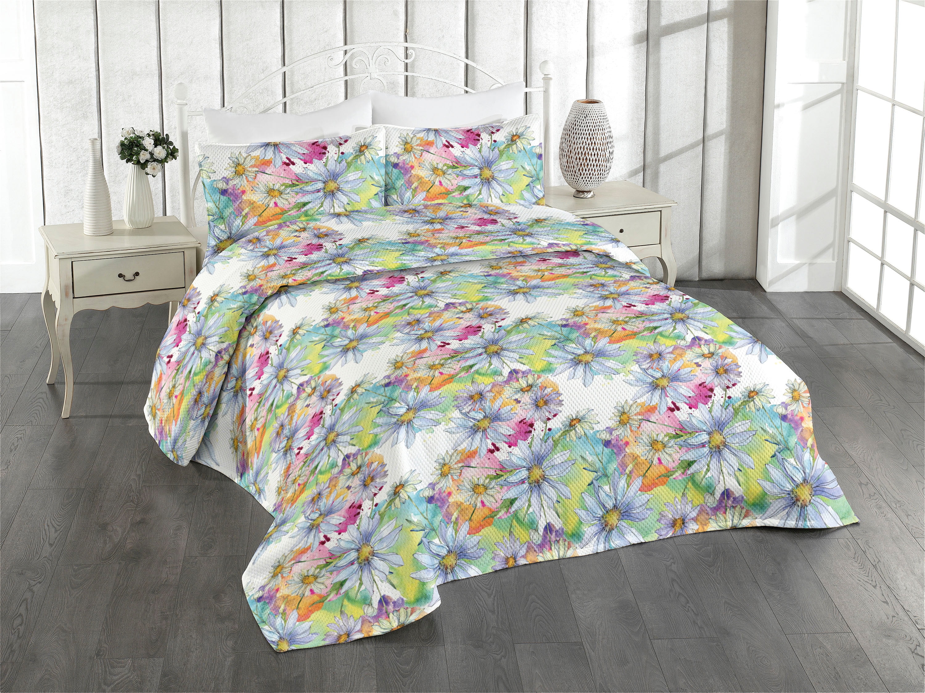 Ambesonne Daisy Quilted Bedspread Set 3 Pcs, Chamomiles Wild Meadow ...