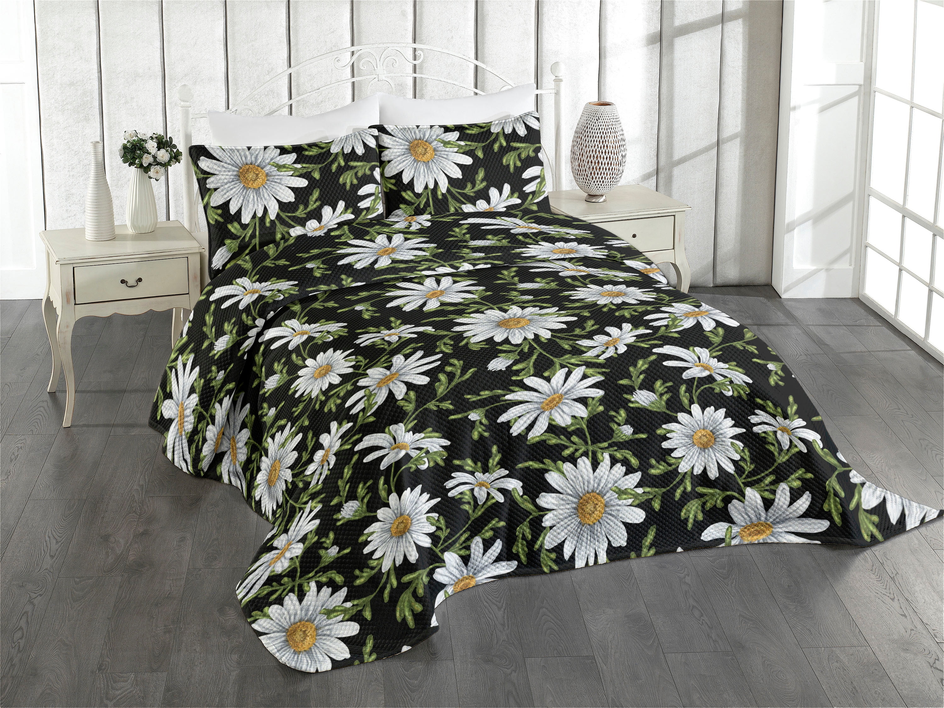 Ambesonne Daisy Quilted Coverlet 3 Pcs, Art Realist Chamomile Pattern ...