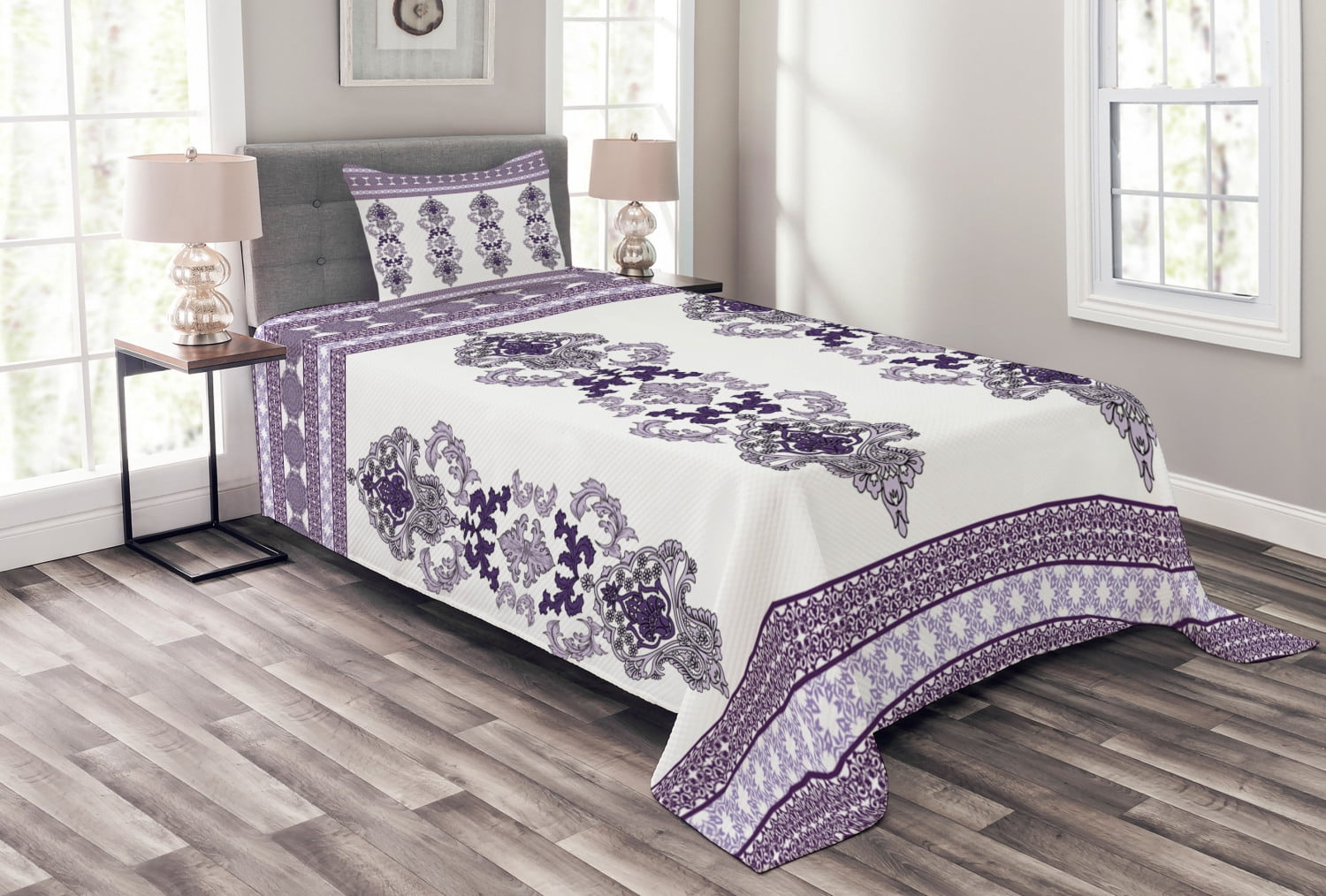Ambesonne Damask Quilted Bedspread Set 2 Pcs, Middle Eastern Motifs ...