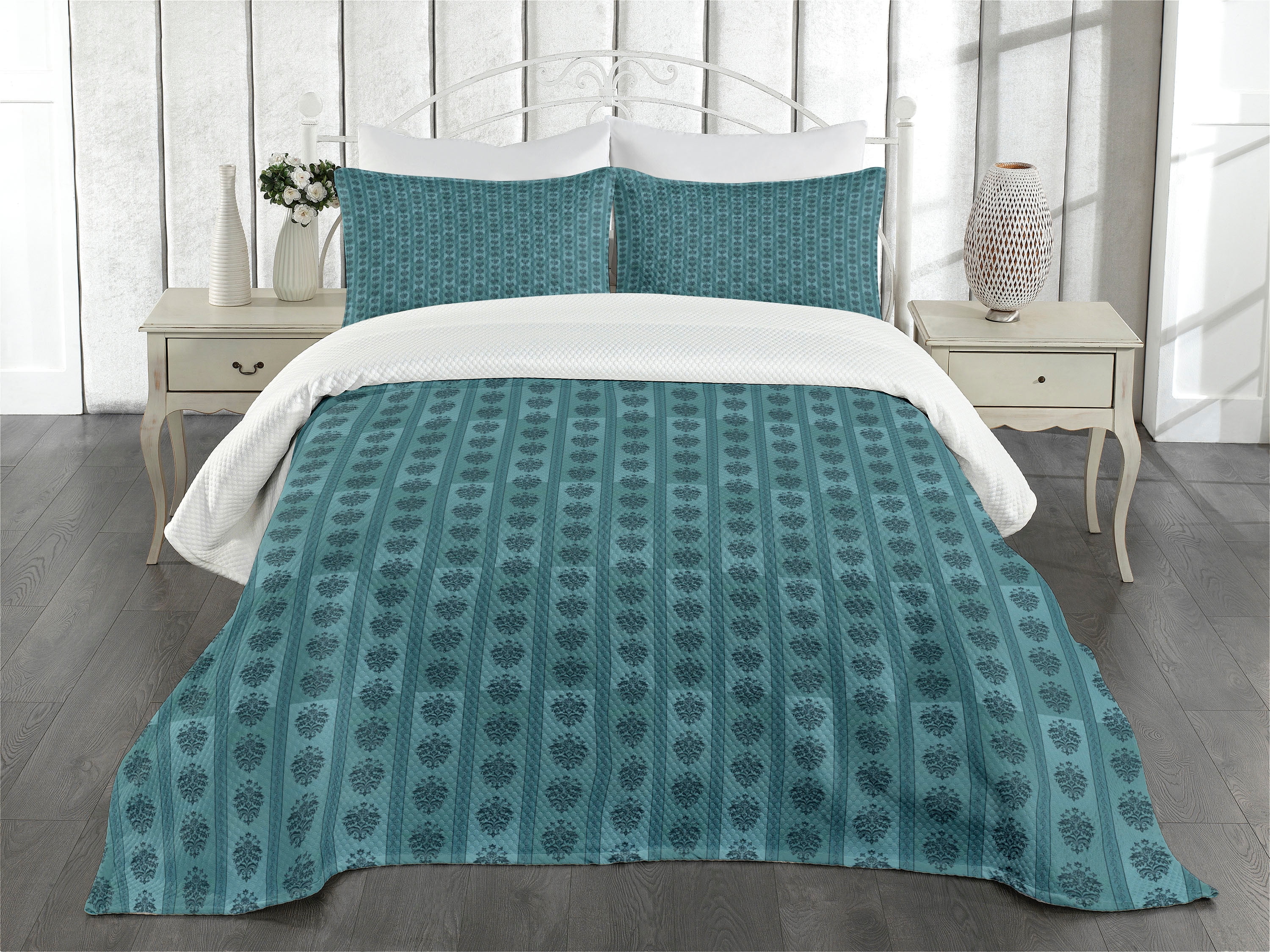 Ambesonne Damask Quilted Bedspread Set 3 Pcs, Medieval Gothic Rococo ...