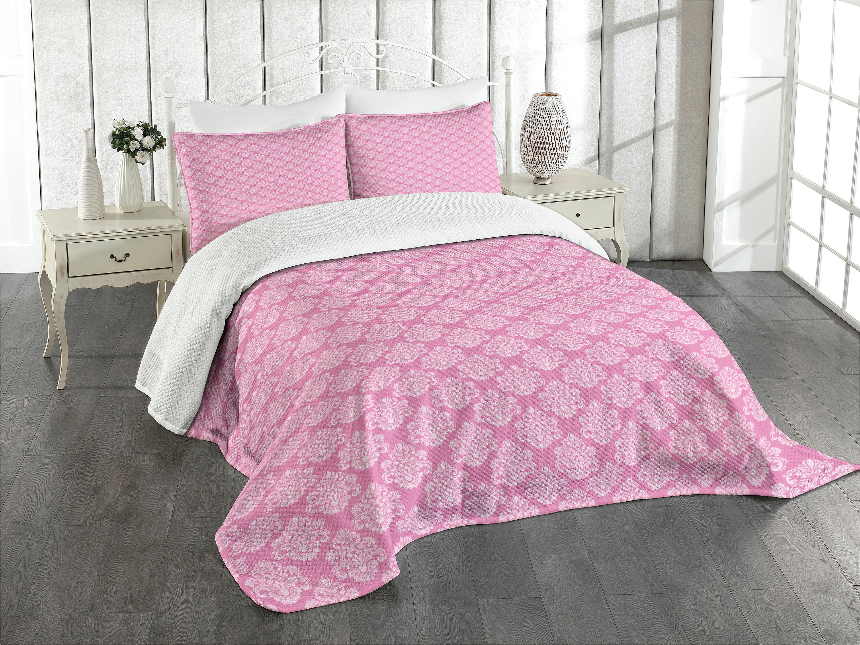Ambesonne Damask Quilted Bedspread Set 3 Pcs, Middle Eastern Blossom ...