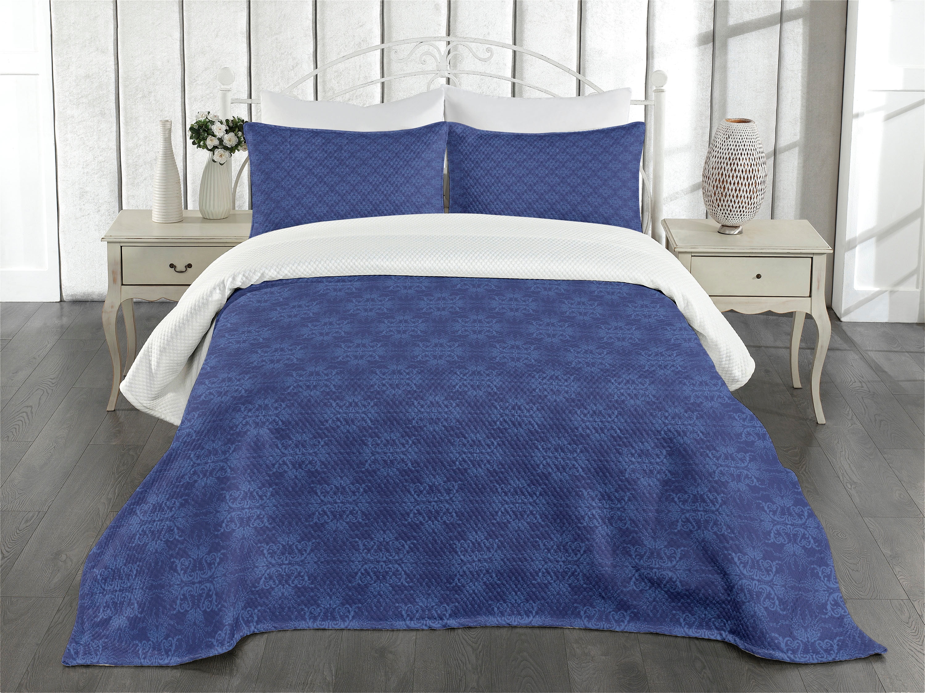 Ambesonne Damask Quilted Bedspread Set 3 Pcs, Victorian Baroque ...