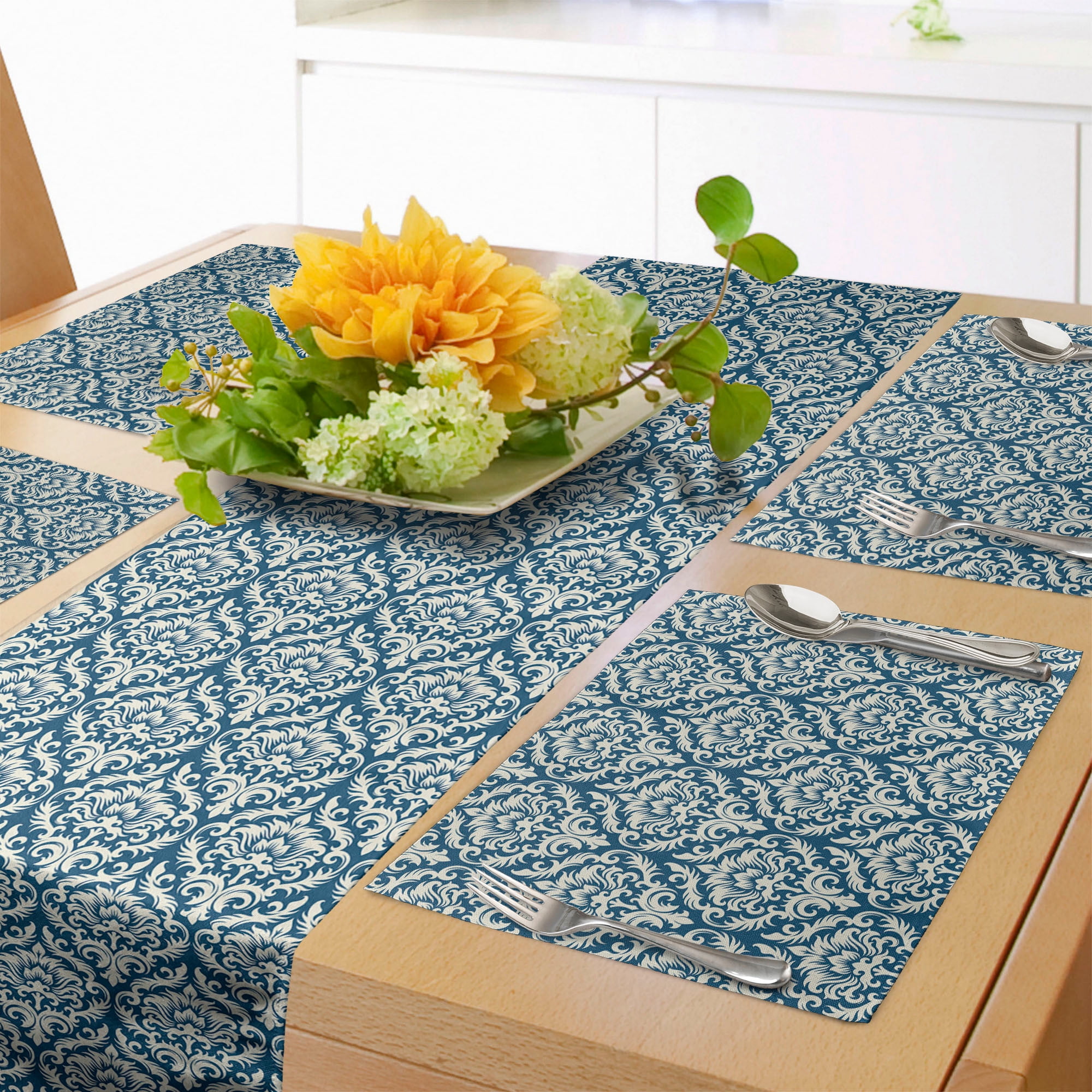 Ambesonne Damask Table Runner & Placemats, Blue Floral Pattern ...