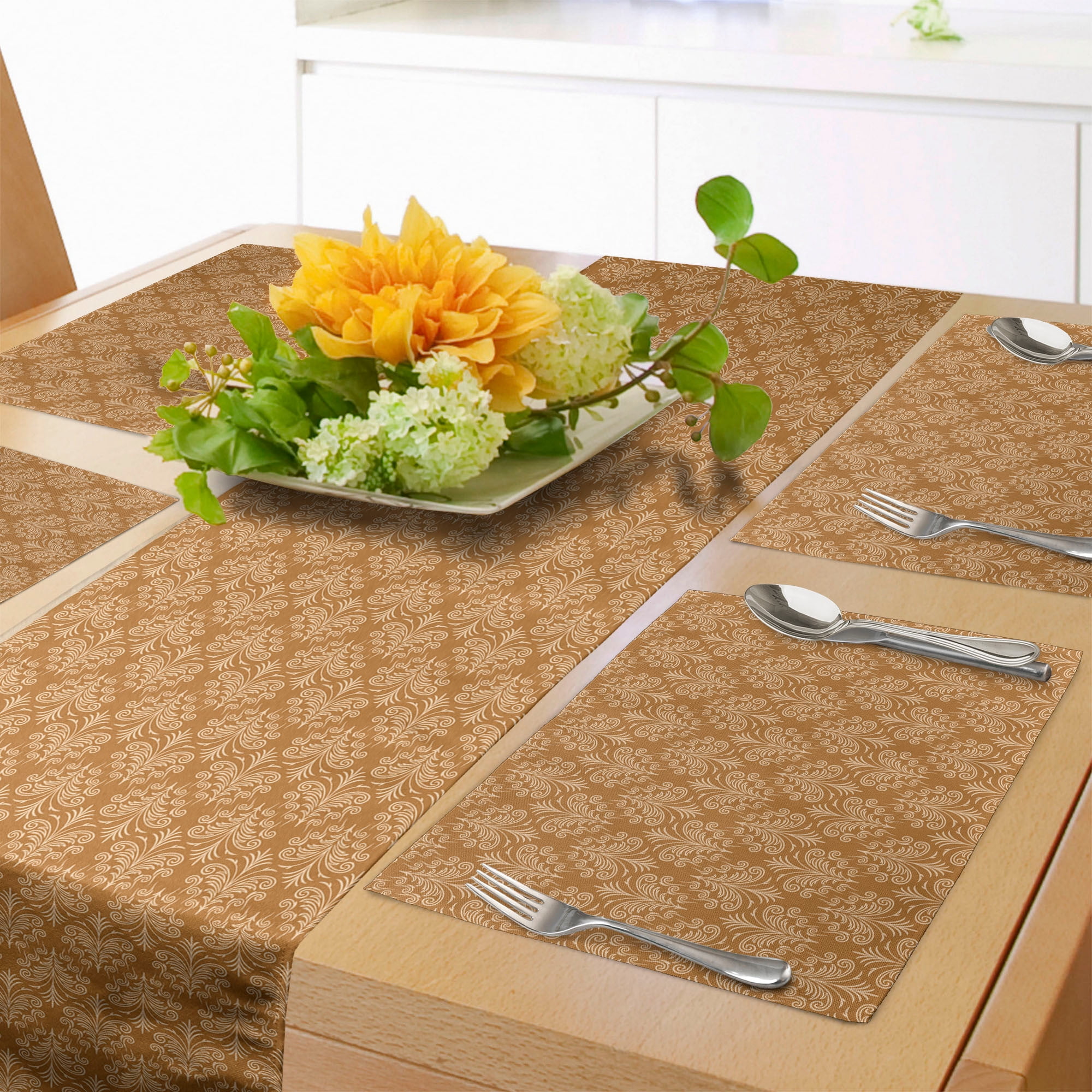 Ambesonne Damask Table Runner & Placemats, Rococo Renaissance Style ...
