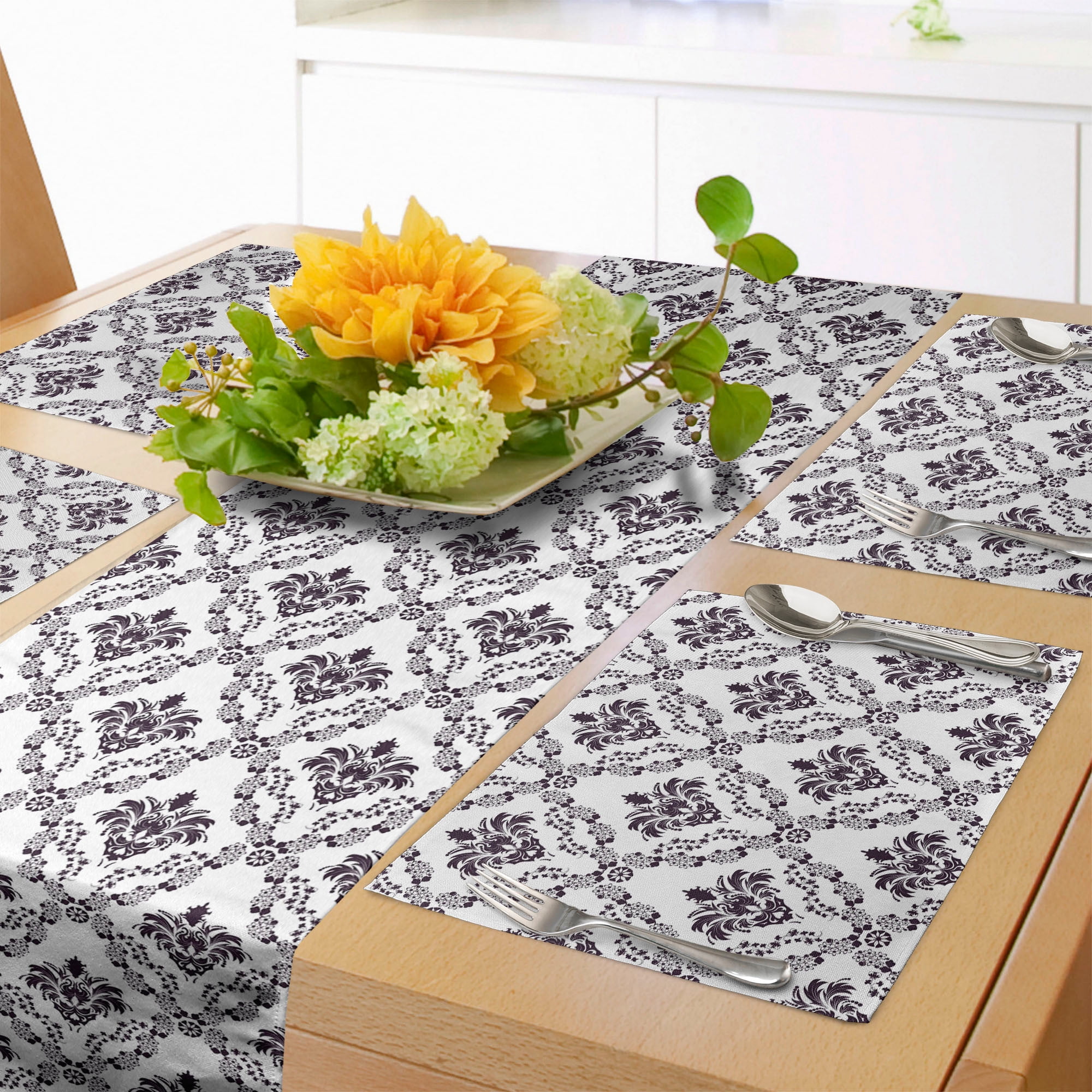 Ambesonne Damask Table Runner & Placemats, Small Flowers Leaves ...