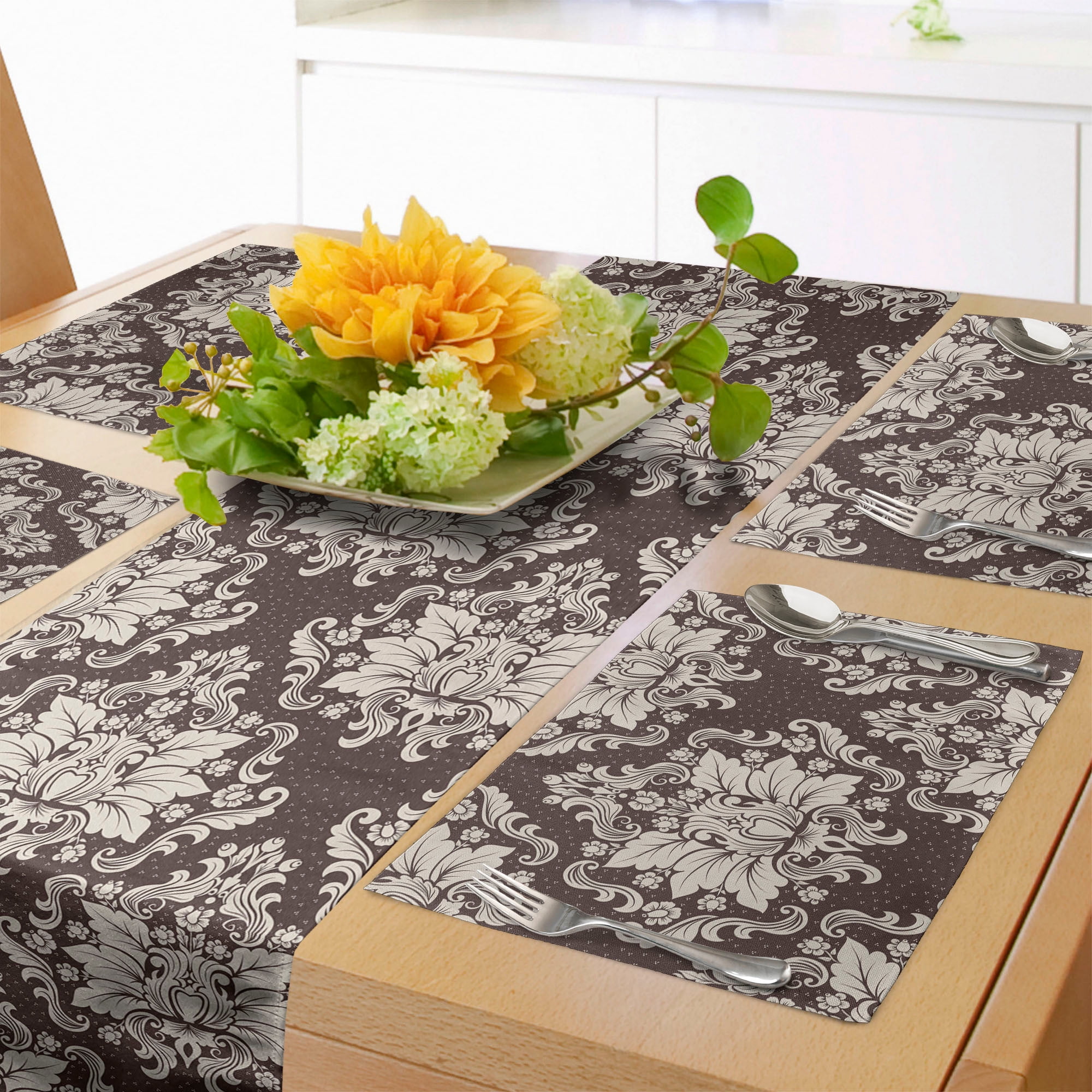 Ambesonne Damask Table Runner & Placemats, Victorian Blooming Foliage ...