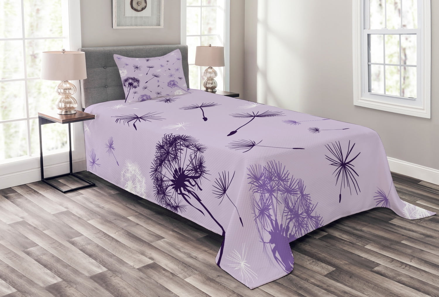 Ambesonne Dandelion Quilted Bedspread Set 2 Pcs, Botany Purple Tone ...