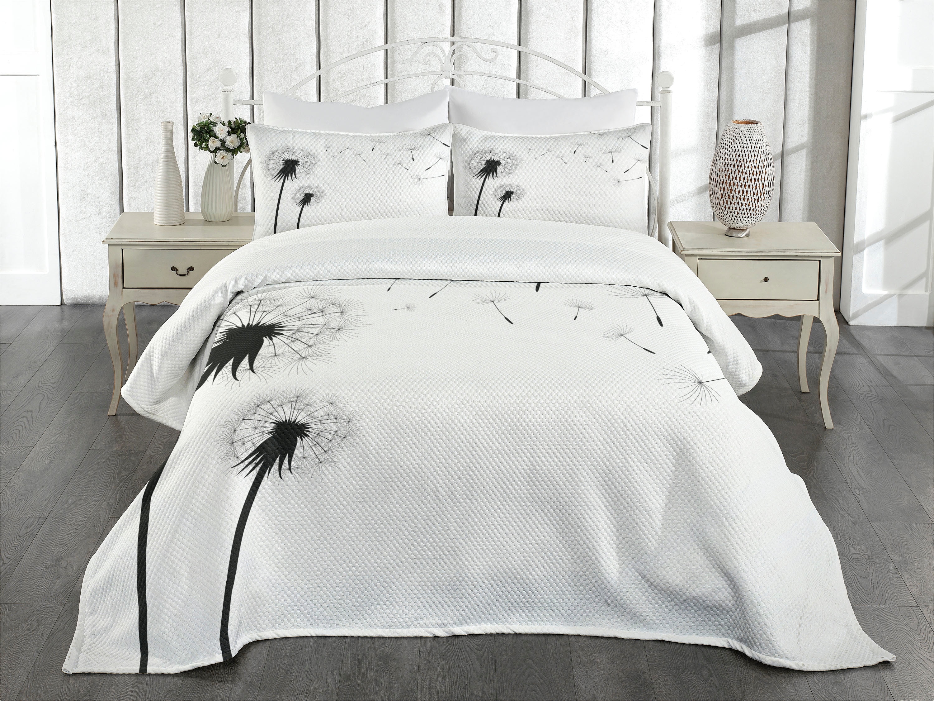 Ambesonne Dandelion Quilted Bedspread Set 3 Pcs, Blowing Away Floral ...