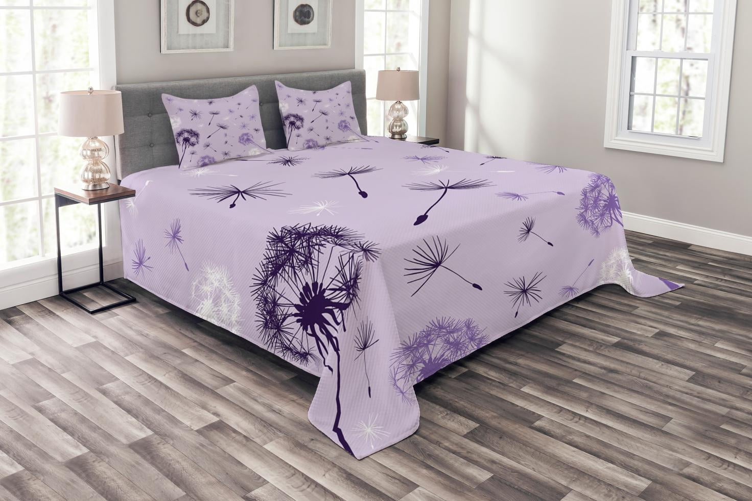 Ambesonne Dandelion Quilted Bedspread Set 3 Pcs, Botany Purple Tone ...