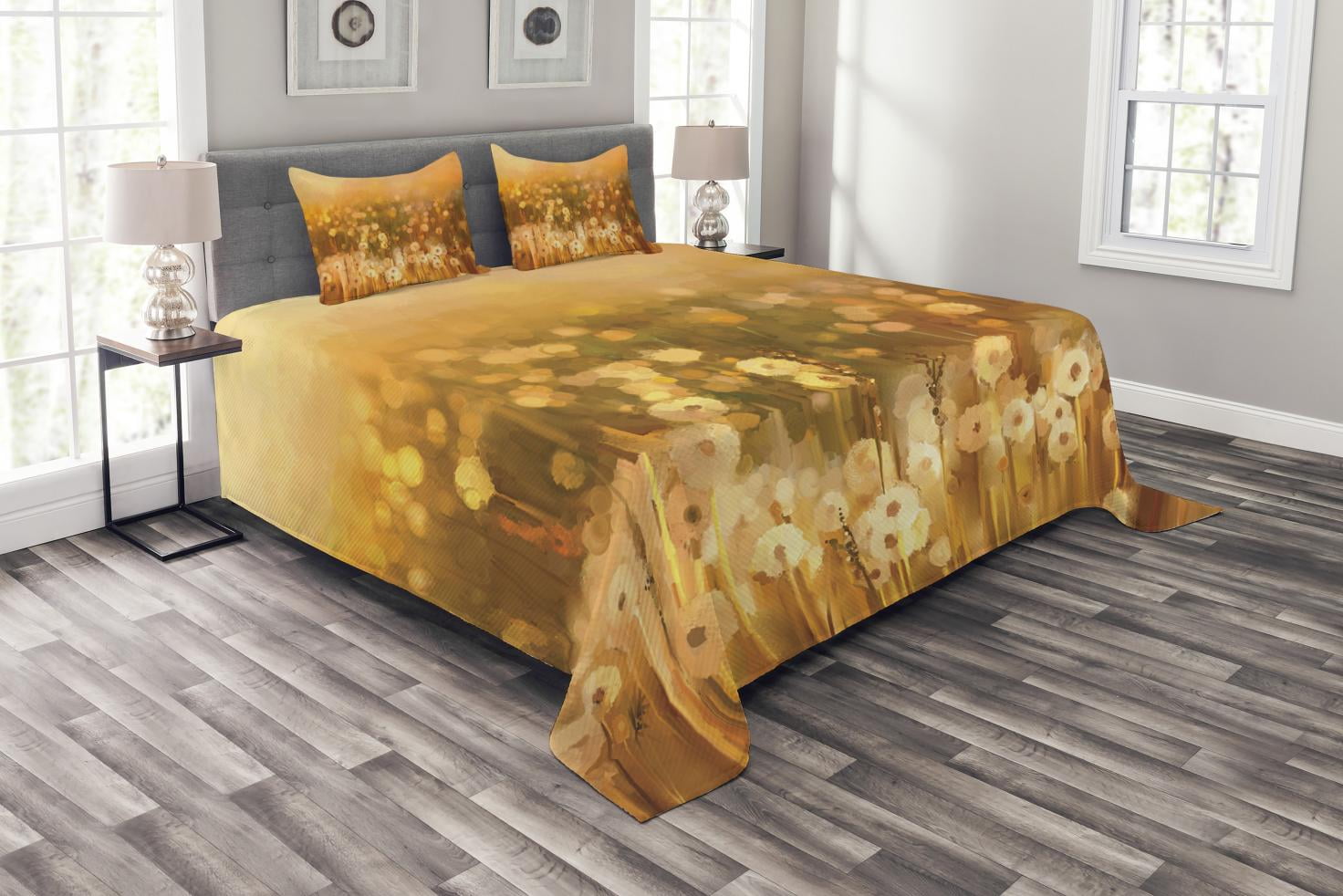 Ambesonne Dandelion Quilted Bedspread Set 3 Pcs, Vintage Spring Sunset ...