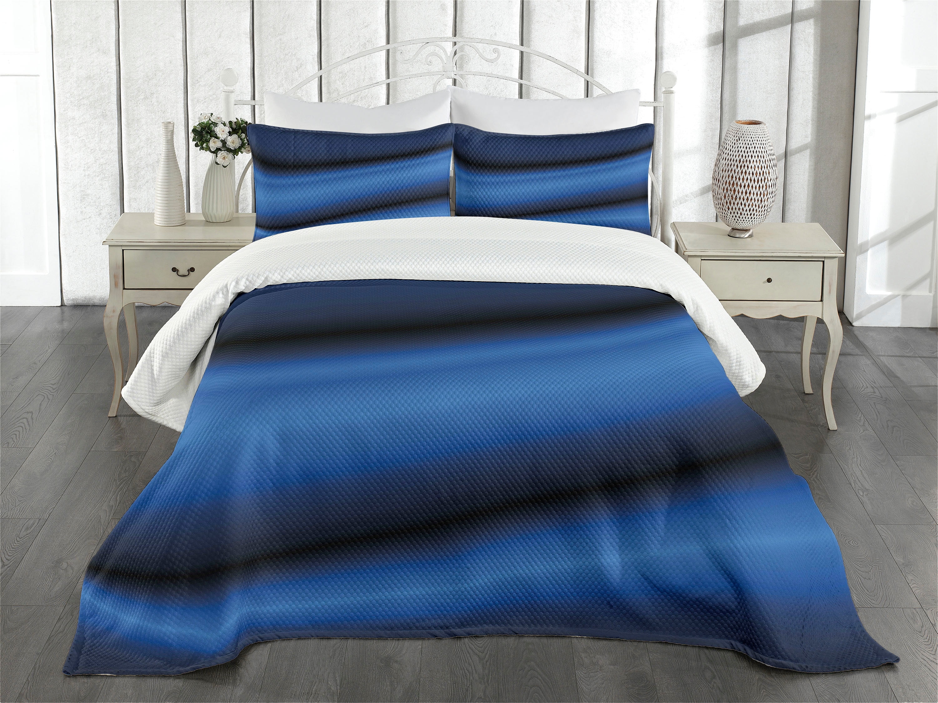 Ambesonne Dark Blue Quilted Bedspread Set 3 Pcs, Abstract Wavy Blurry ...