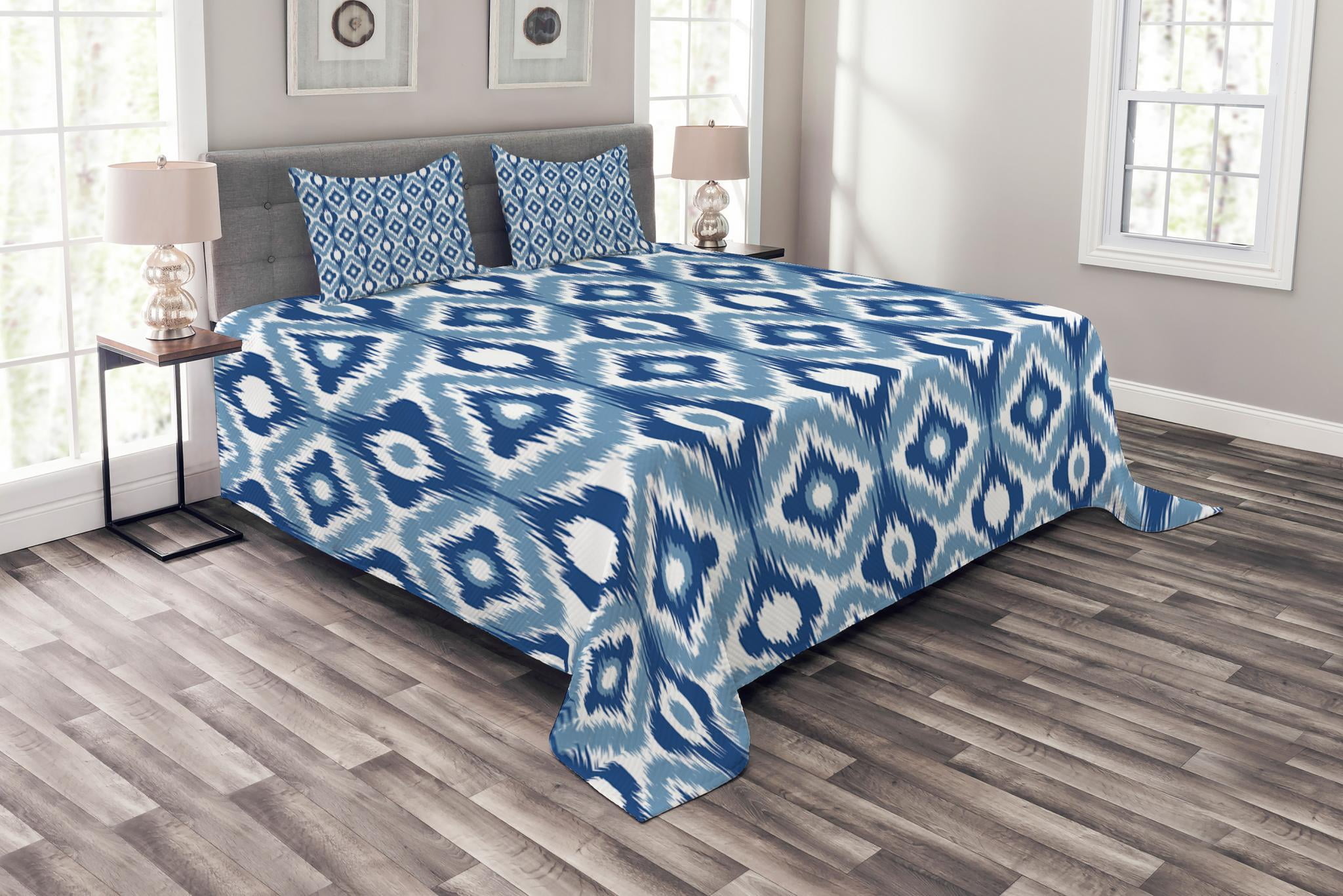 Ambesonne Dark Blue Quilted Bedspread Set 3 Pcs, Ikat Motif Ethnic ...