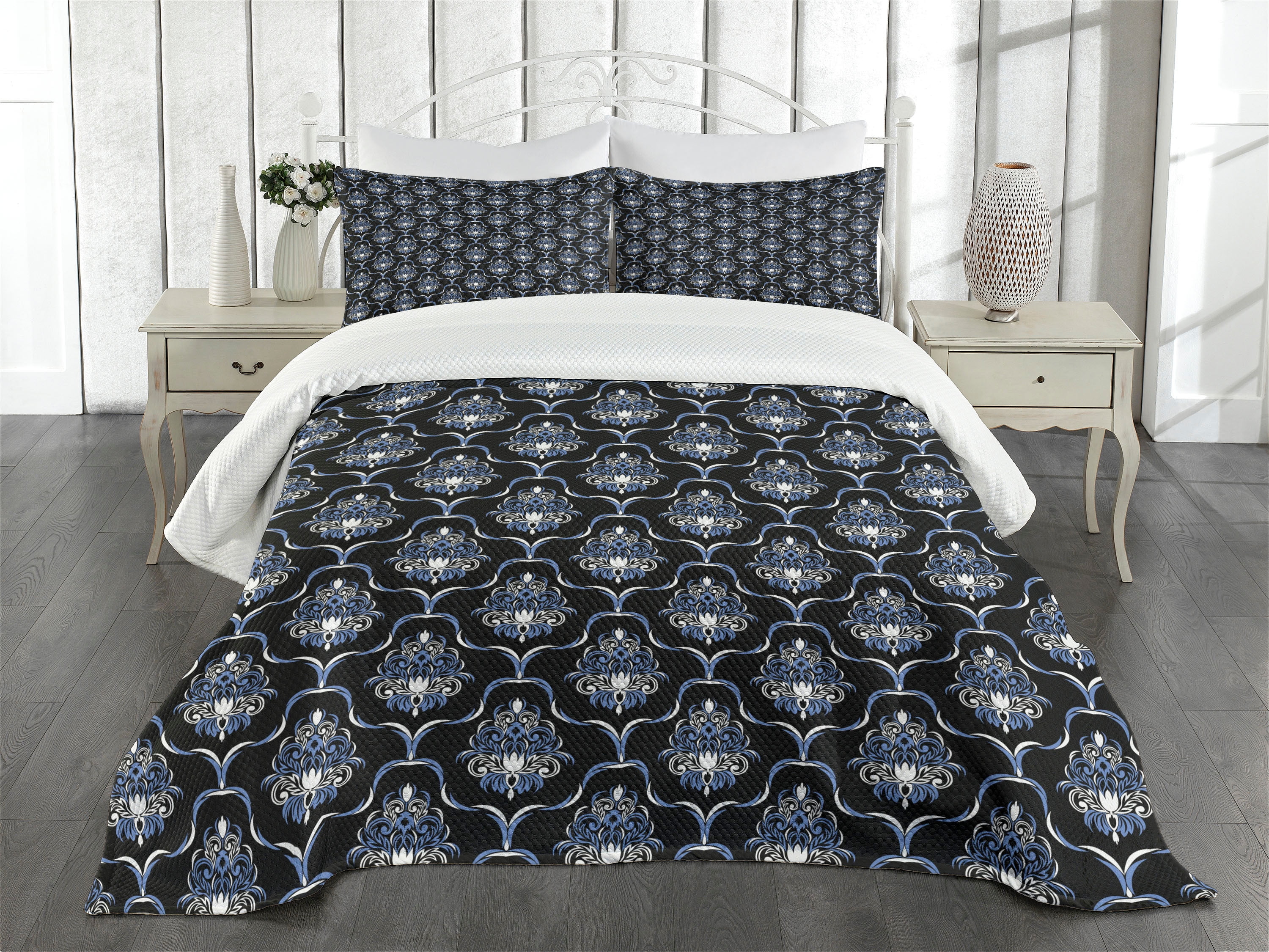 Ambesonne Dark Blue Quilted Bedspread Set 3 Pcs, Vintage Royal Damask ...