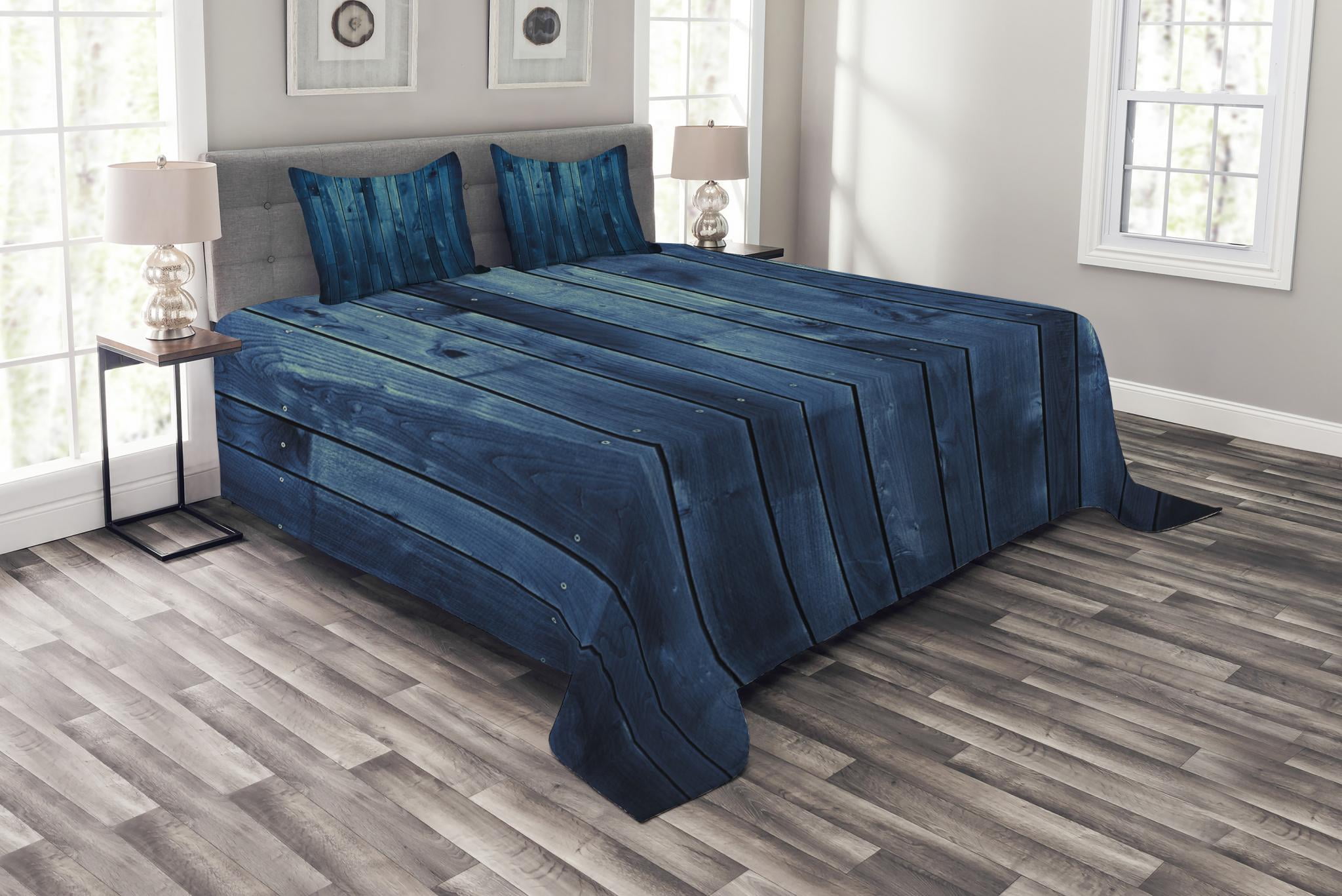 Ambesonne Dark Blue Quilted Bedspread Set 3 Pcs, Wooden Planks Texture ...