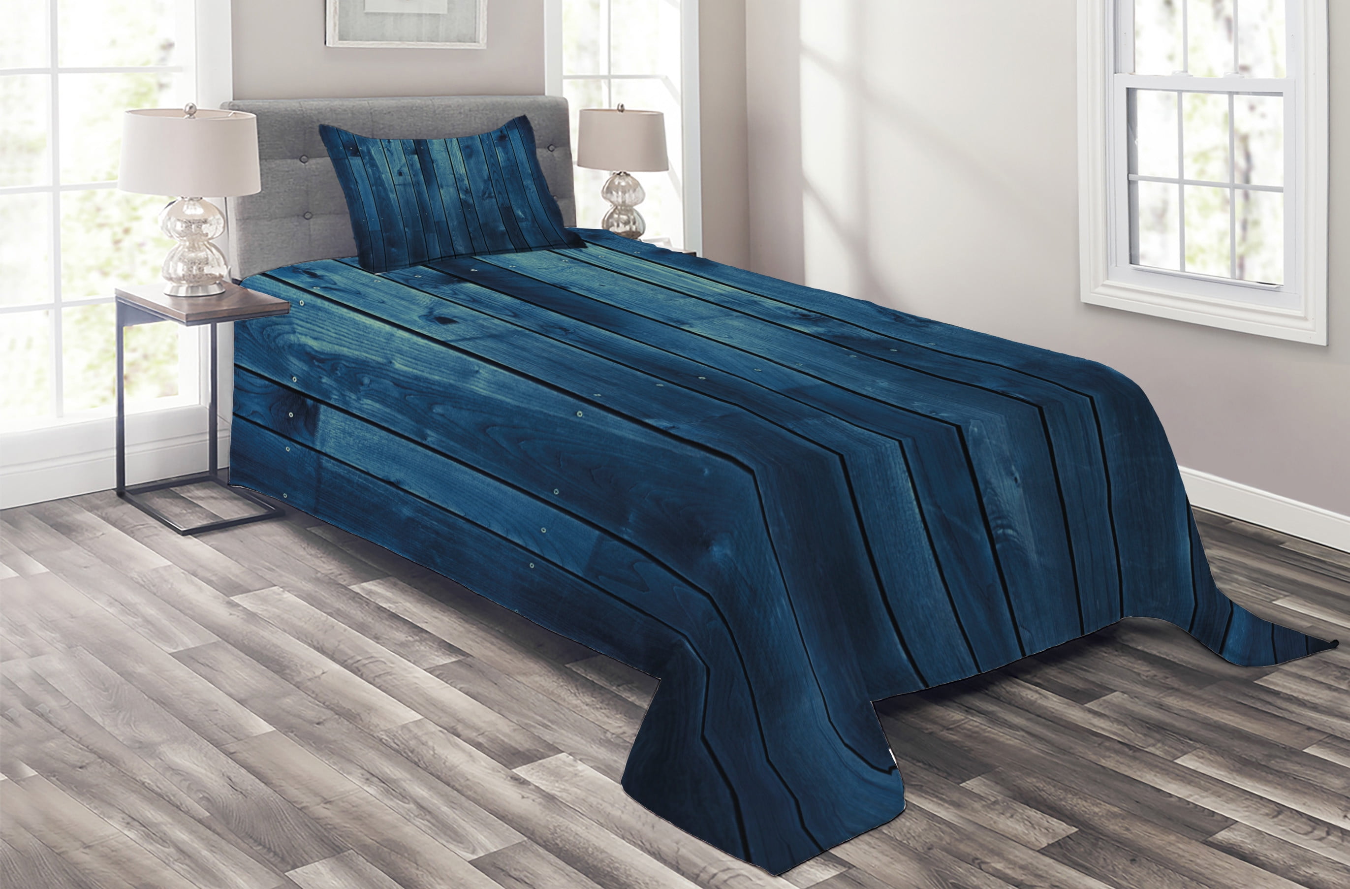 Ambesonne Dark Blue Quilted Coverlet 2 Pcs, Wooden Planks Texture, Twin ...