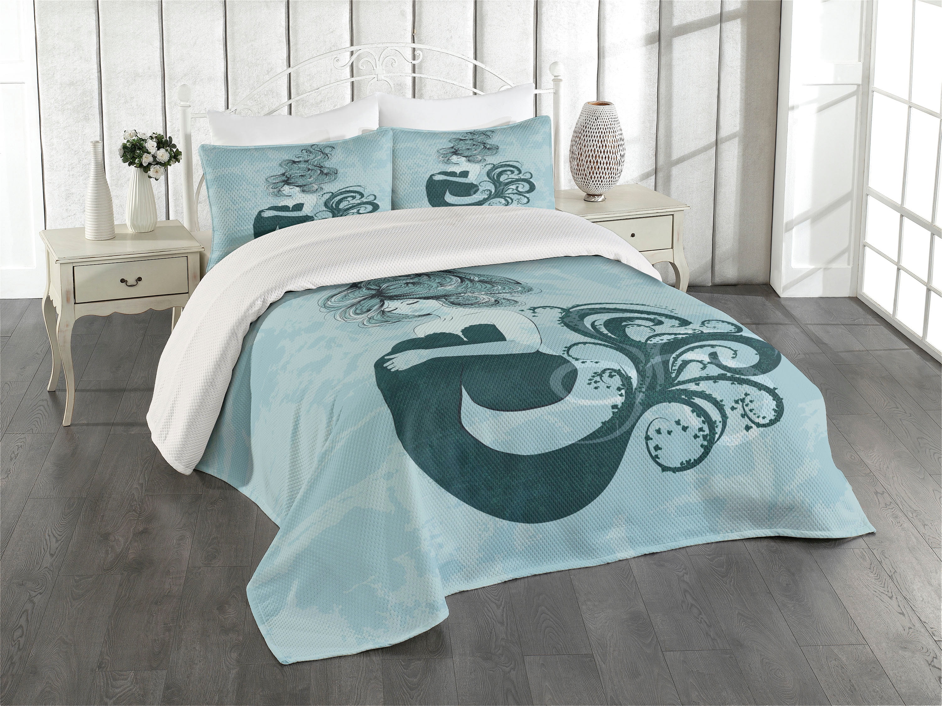 Ambesonne Dark Blue Quilted Coverlet 3 Pcs, Sleeping Mermaid, King Size ...