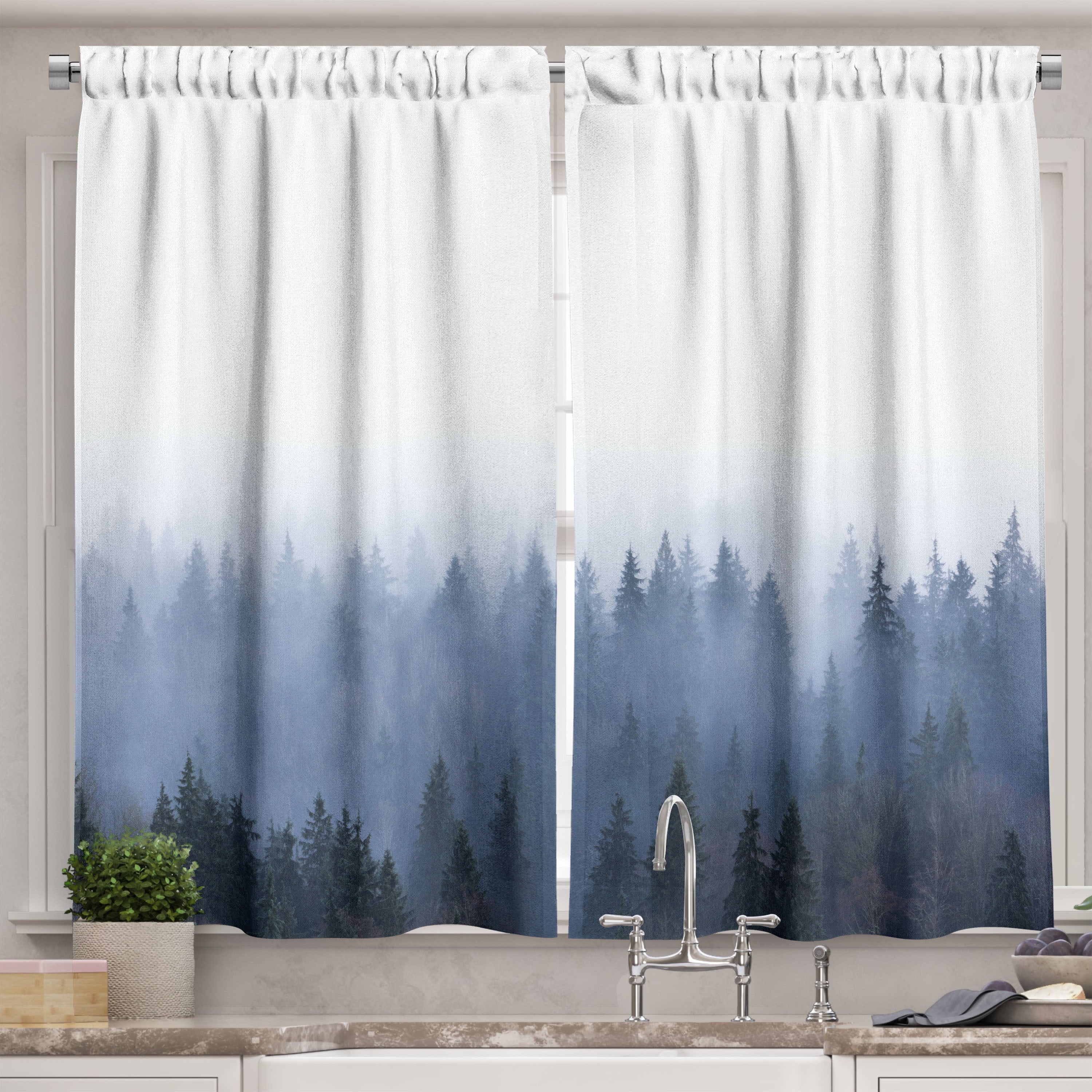 Ambesonne Dark Forest Kitchen Curtains, Misty Weather Burnaby, 55"x45 ...