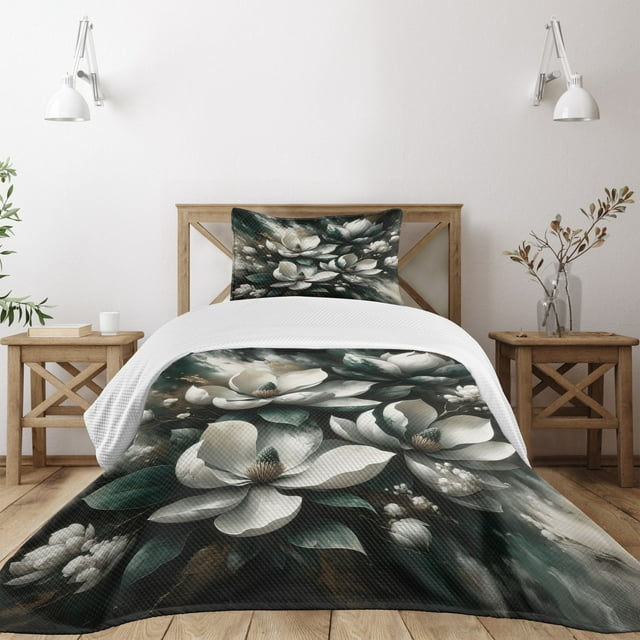 Ambesonne Dark Green Quilted Bedspread Set 2 Pcs, Deep Garden Magnolias ...