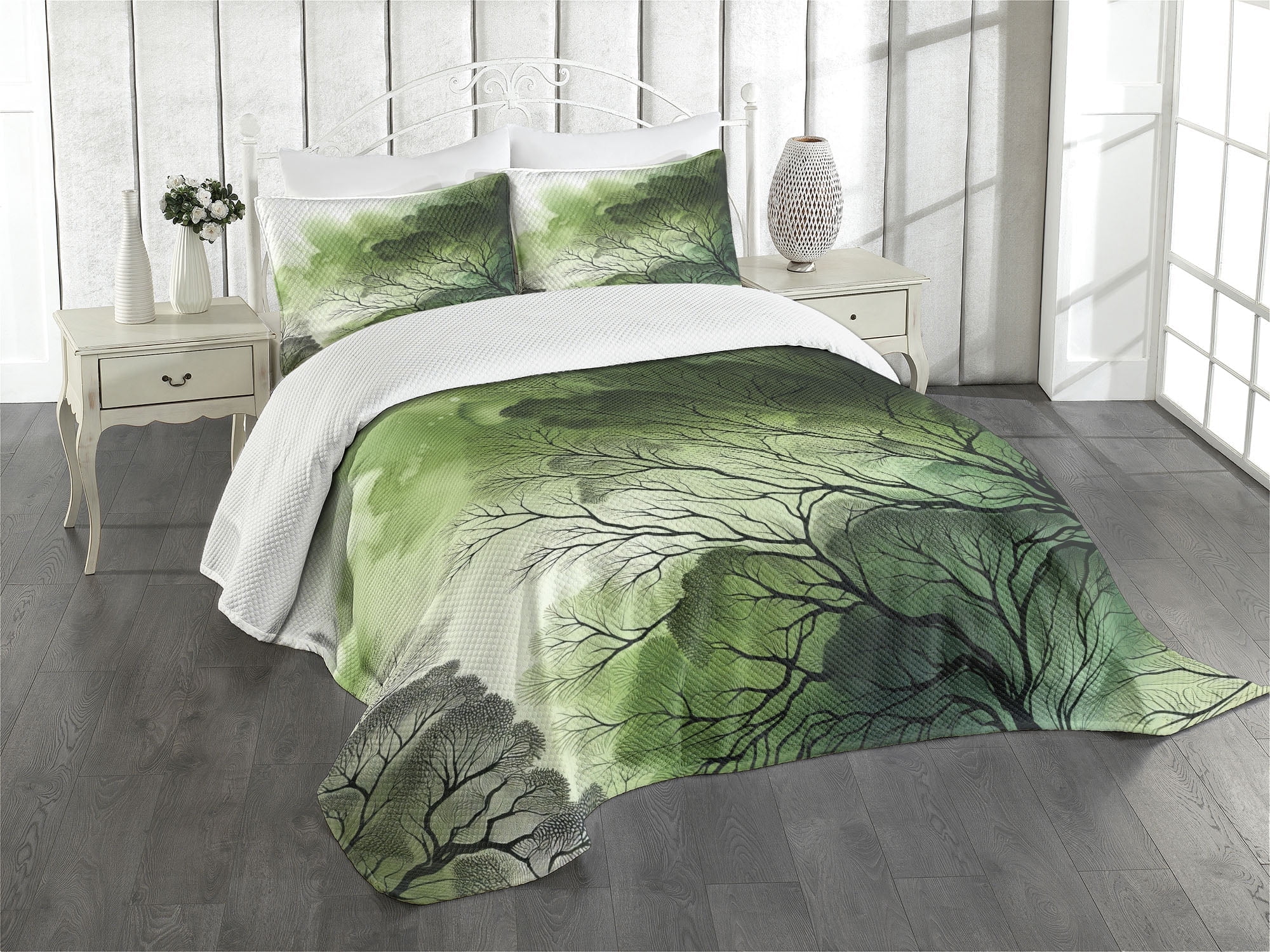 Ambesonne Dark Green Quilted Bedspread Set 3 Pcs, Delicate Forest Trees ...