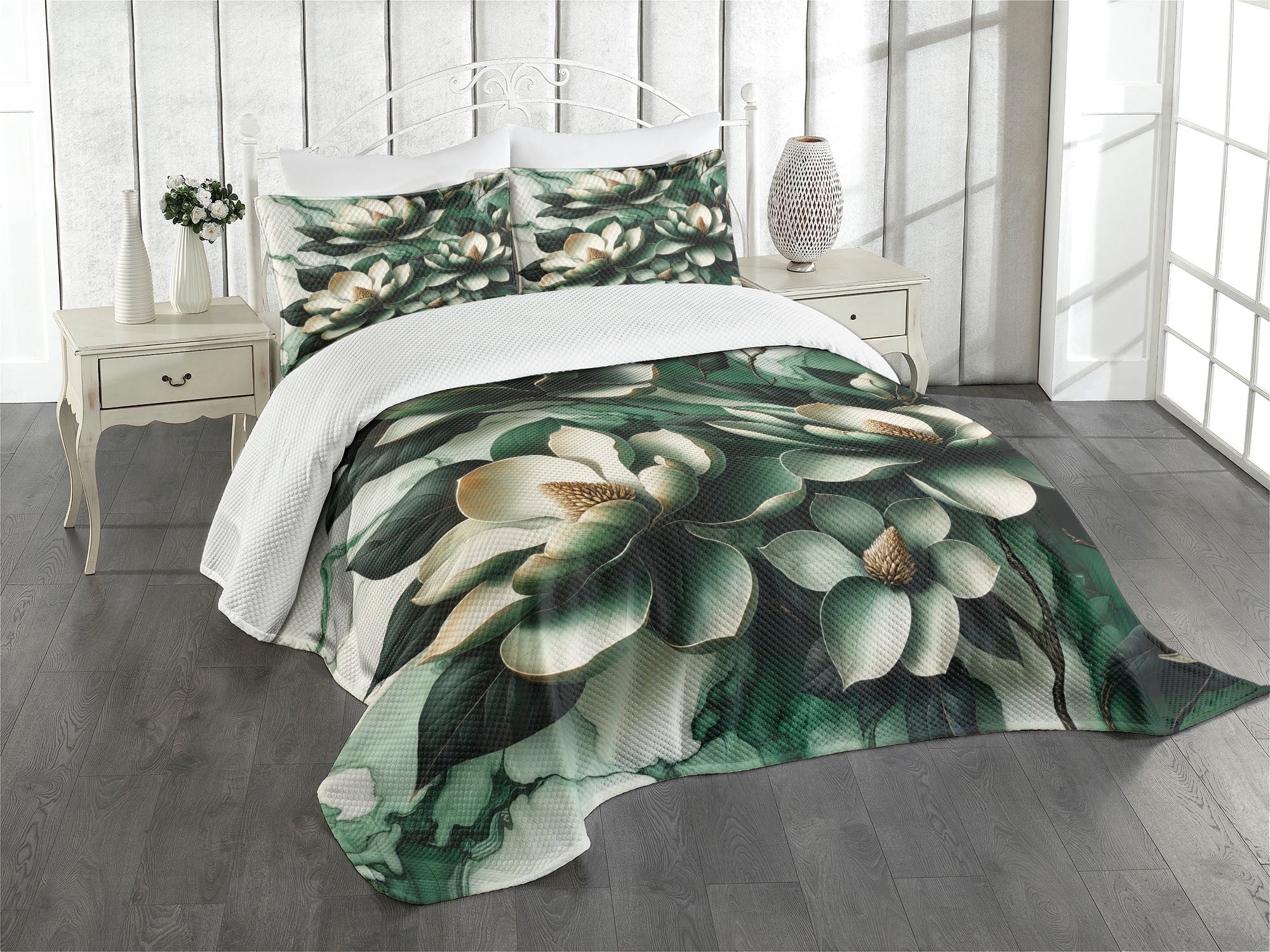 Ambesonne Dark Green Quilted Bedspread Set 3 Pcs, Magnolia Blooming ...