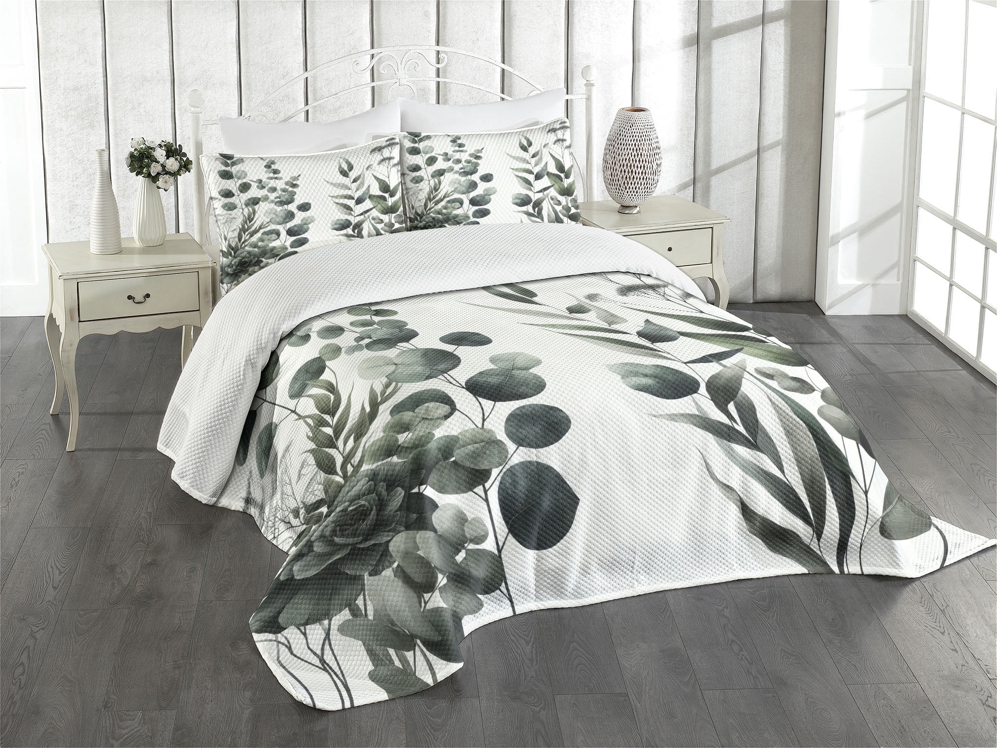 Ambesonne Dark Green Quilted Bedspread Set 3 Pcs, Minimal Botanic ...