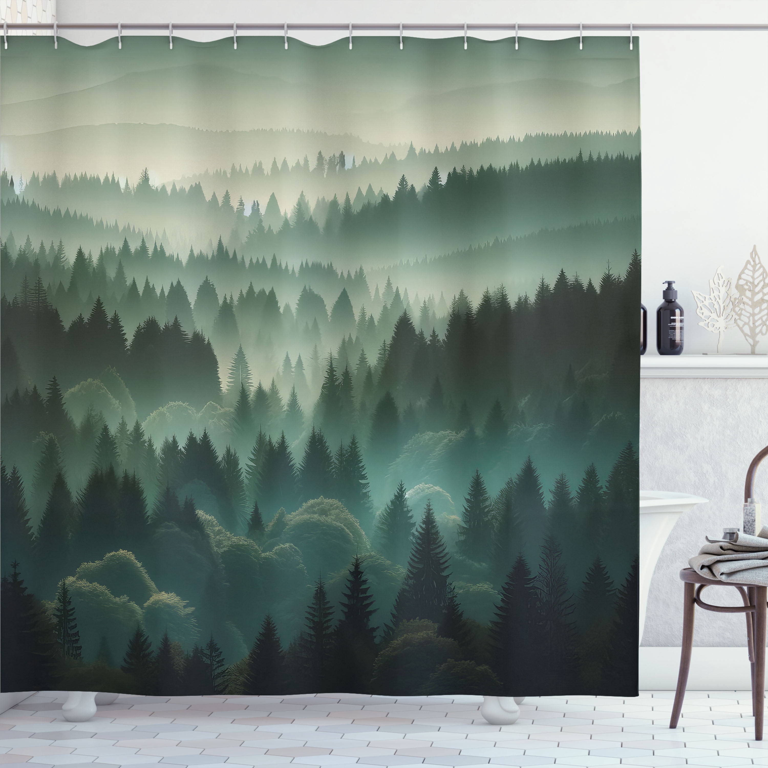 Ambesonne Dark Green Shower Curtain, Foggy Forest Panorama, 69"Wx70"L ...
