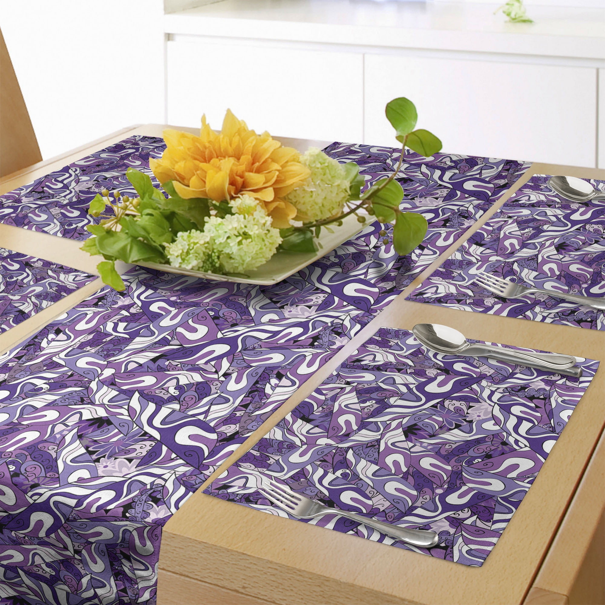 Ambesonne Dark Purple Table Runner & Placemats, Lilac Strokes Motifs ...