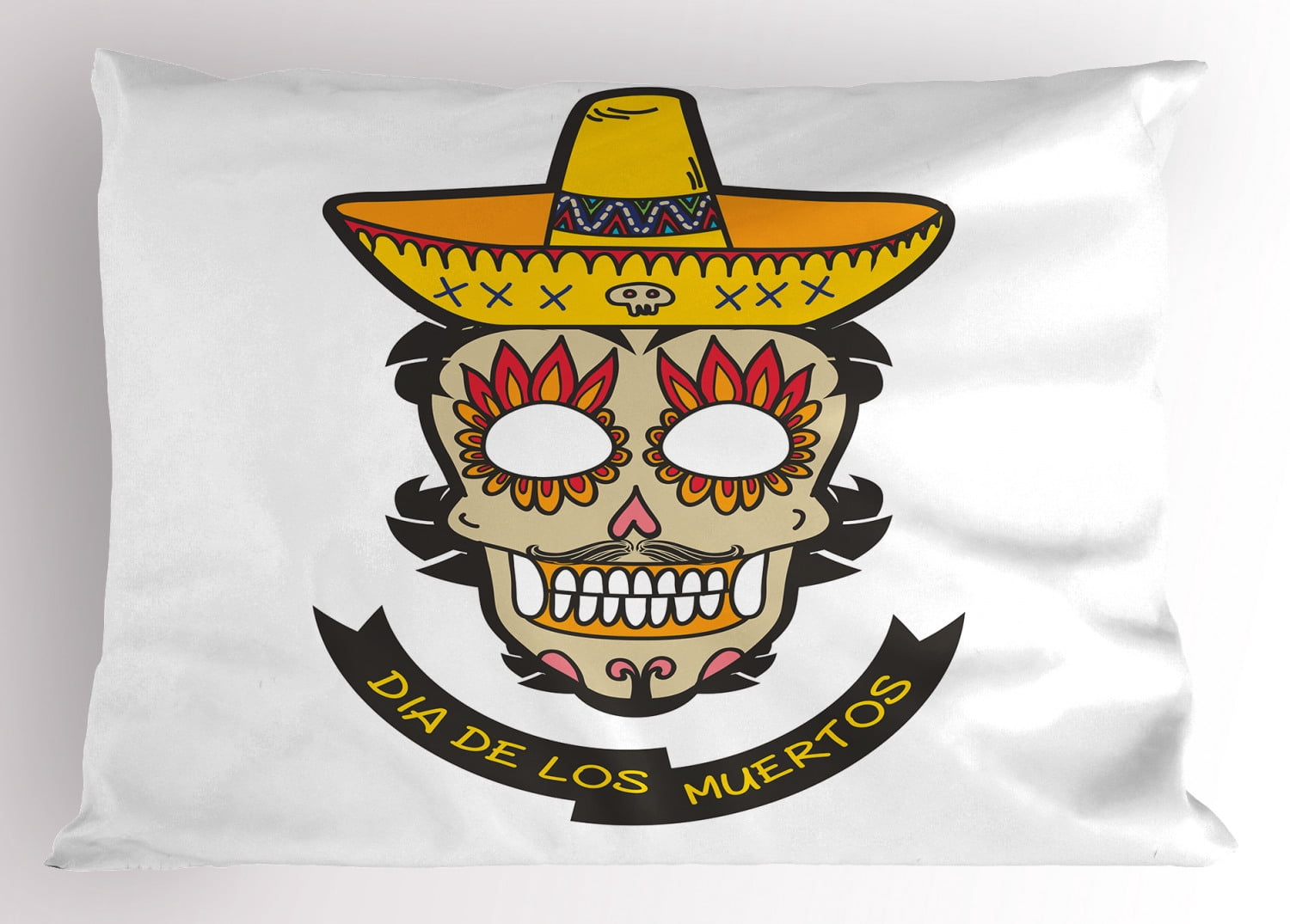 Ambesonne Day of Dead Pillow Sham, Skull with Sombrero, 36" X 20 ...