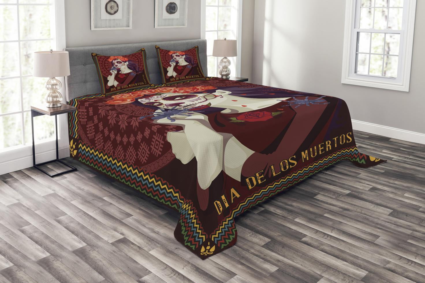 Ambesonne Day of Dead Quilted Bedspread Set 3 Pcs, Spanish Art, King ...