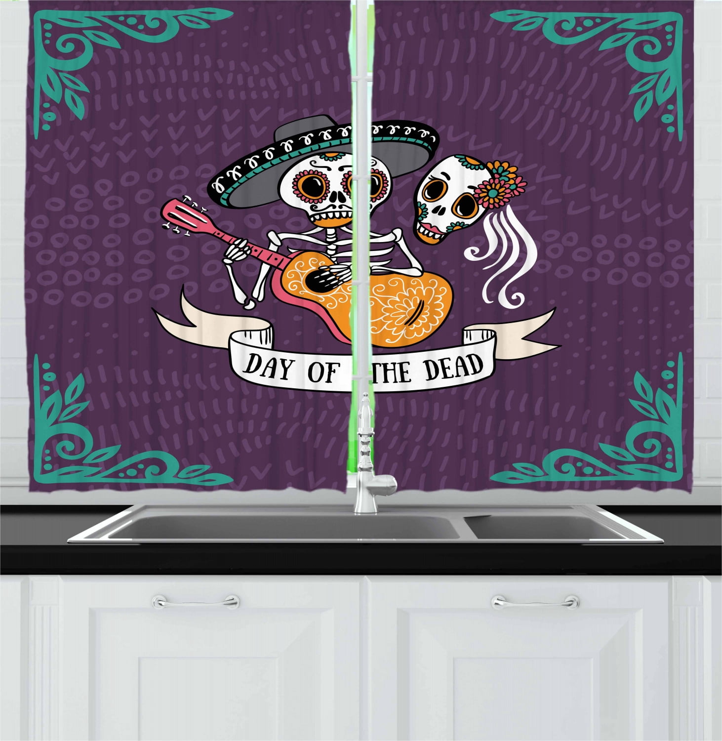 Ambesonne Day of the Dead Kitchen Curtains, Music Performance, 55"x39 ...