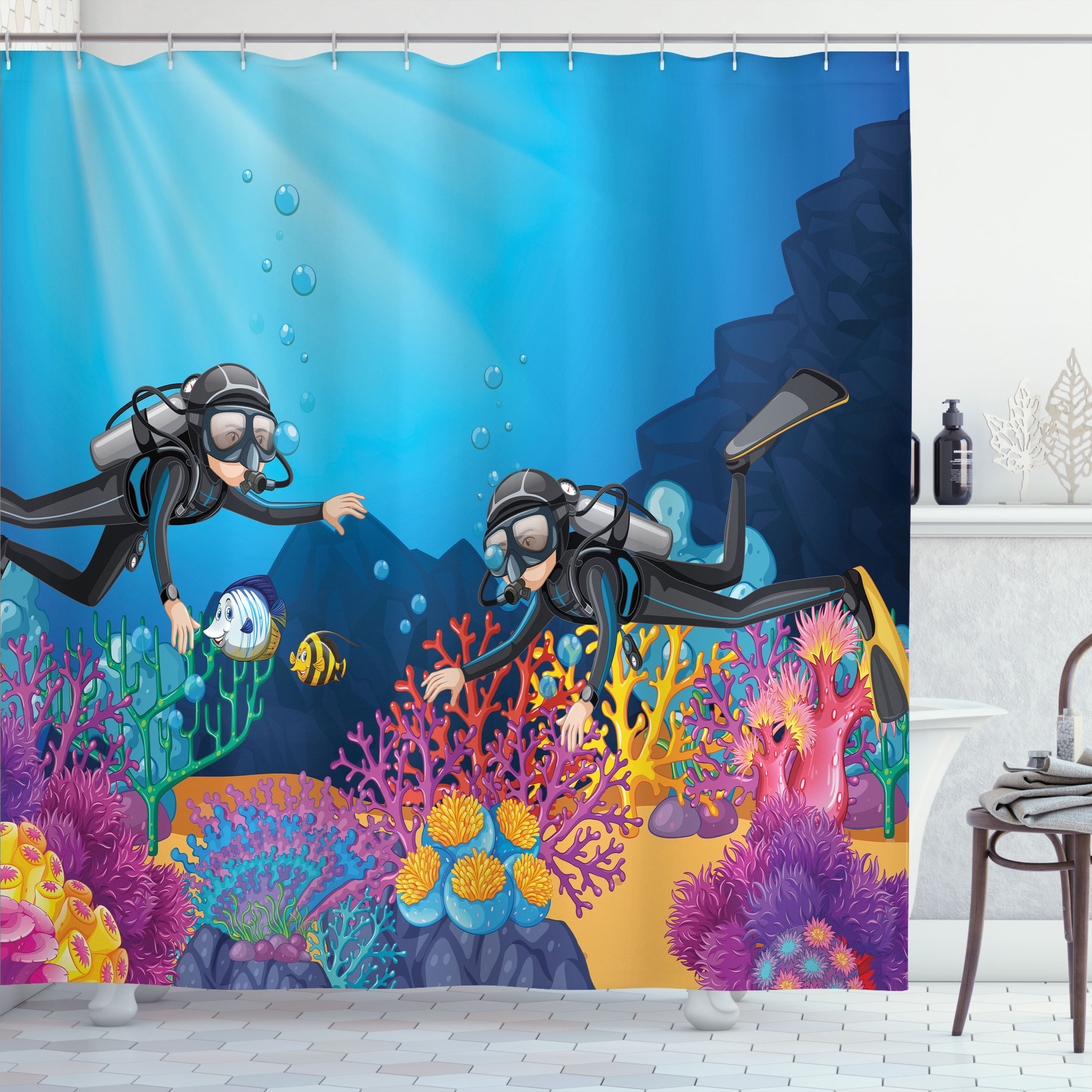 Ambesonne Deep Sea Shower Curtain, Divers Under Vivid Sea, 69"Wx70"L ...