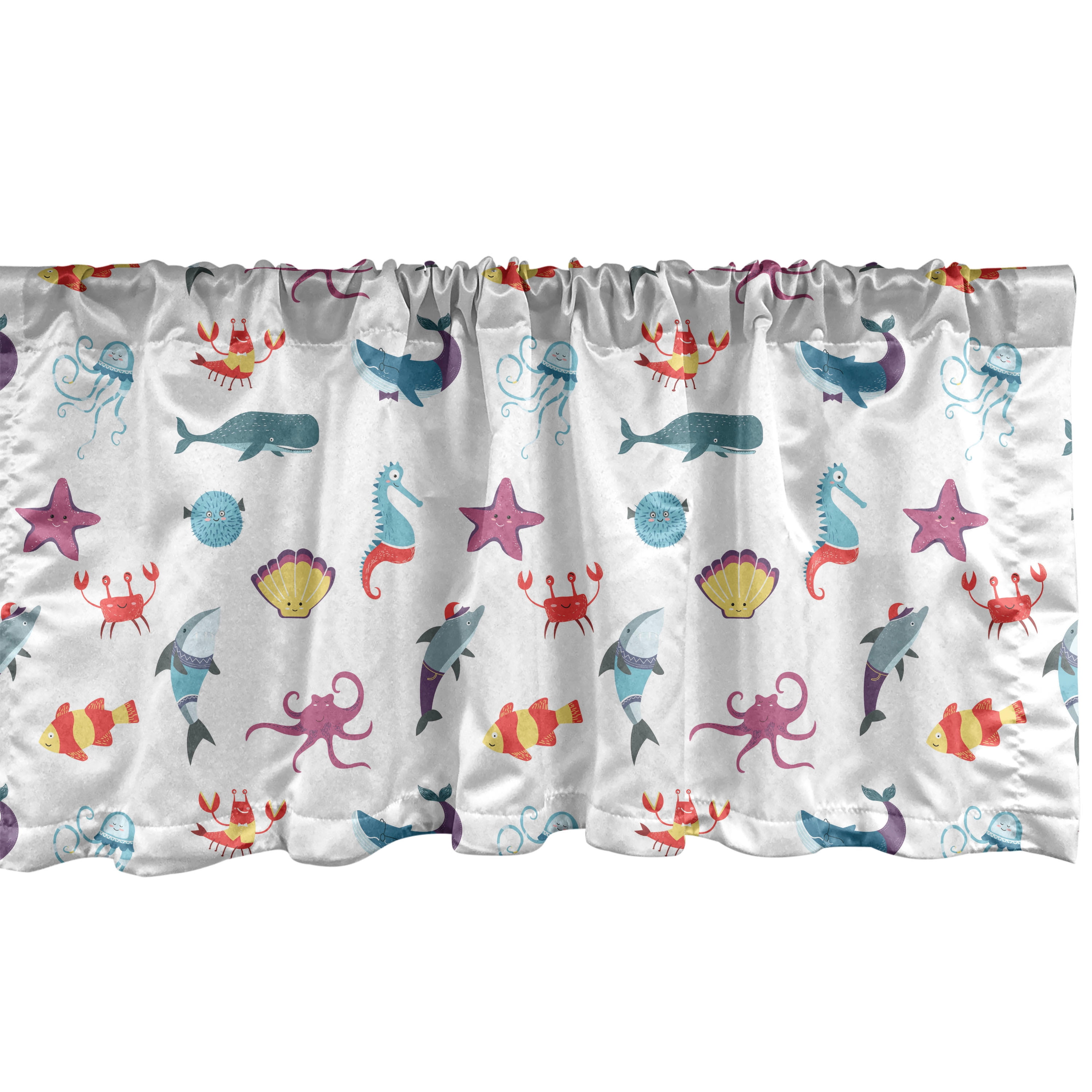 Ambesonne Deep Sea Window Valance, Doodle Style Sea Elements, 54" X 18 ...