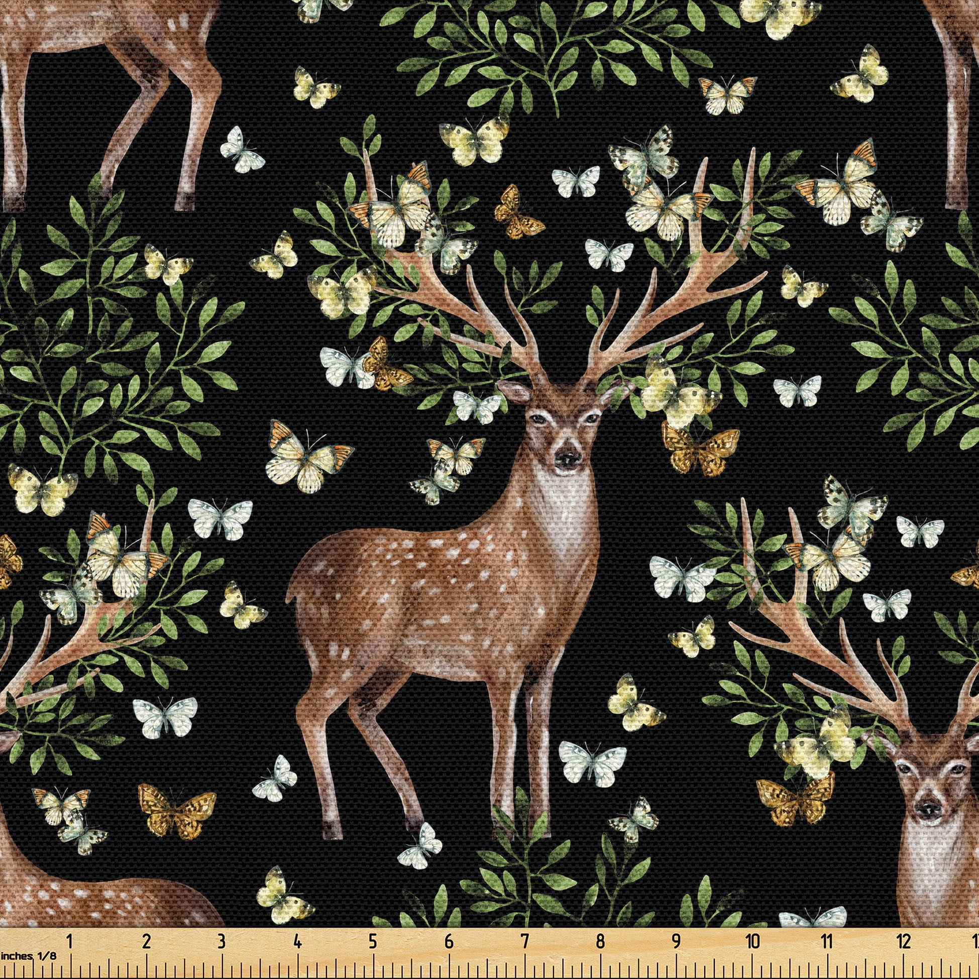 Ambesonne Deer Fabric by the Yard Upholstery, Reindeer Floral Antlers ...
