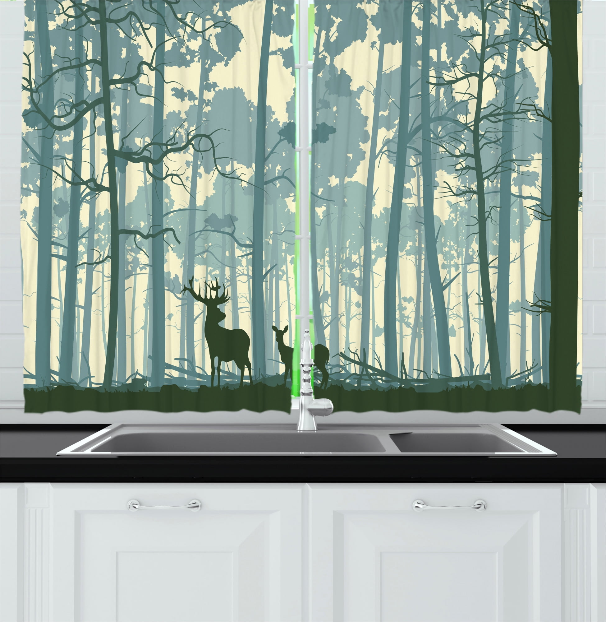 Ambesonne Deer Kitchen Curtains, Animals in Foggy Forest, 55"x45 ...