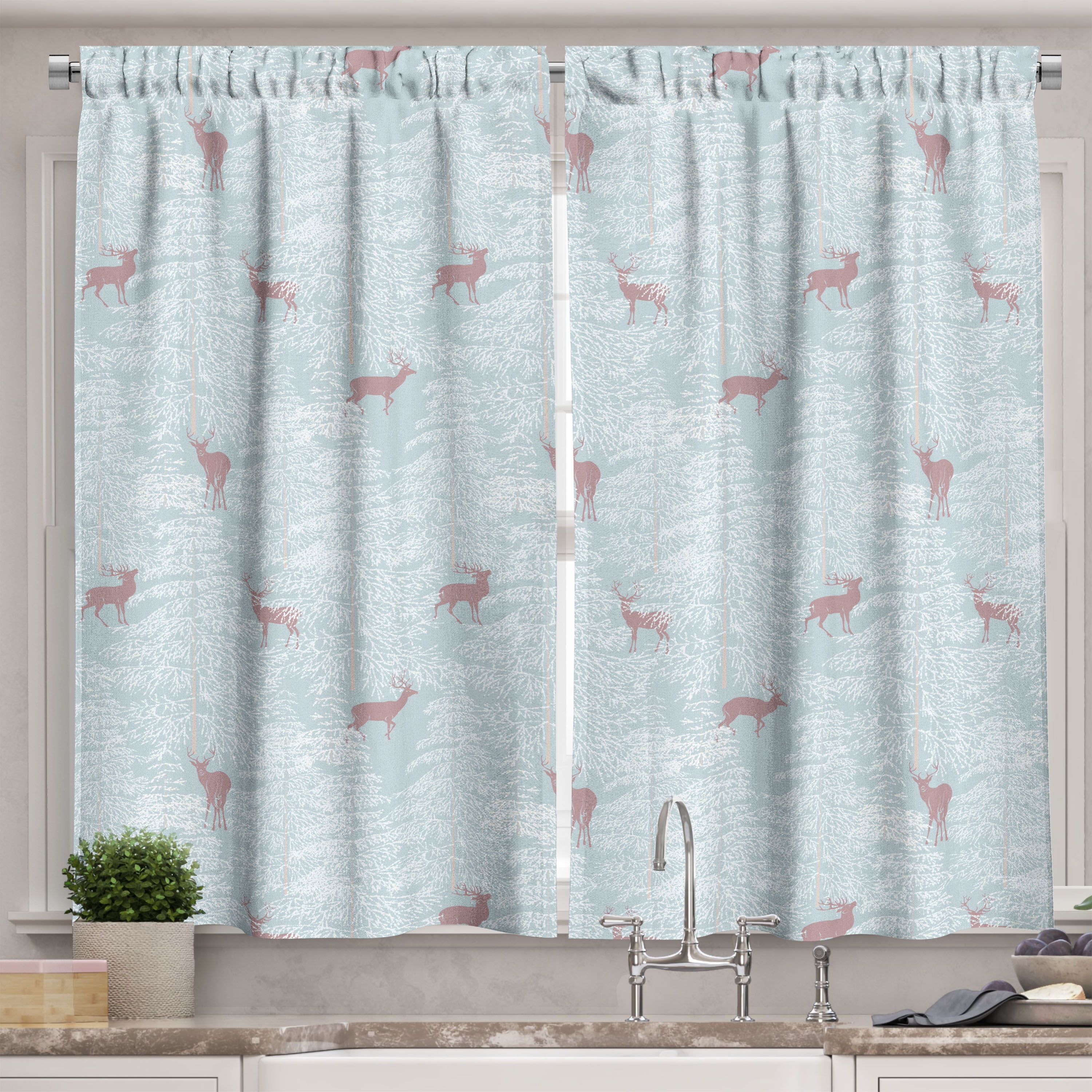 Ambesonne Deer Kitchen Curtains, Forest in the Winter Trees, 55"x39 ...