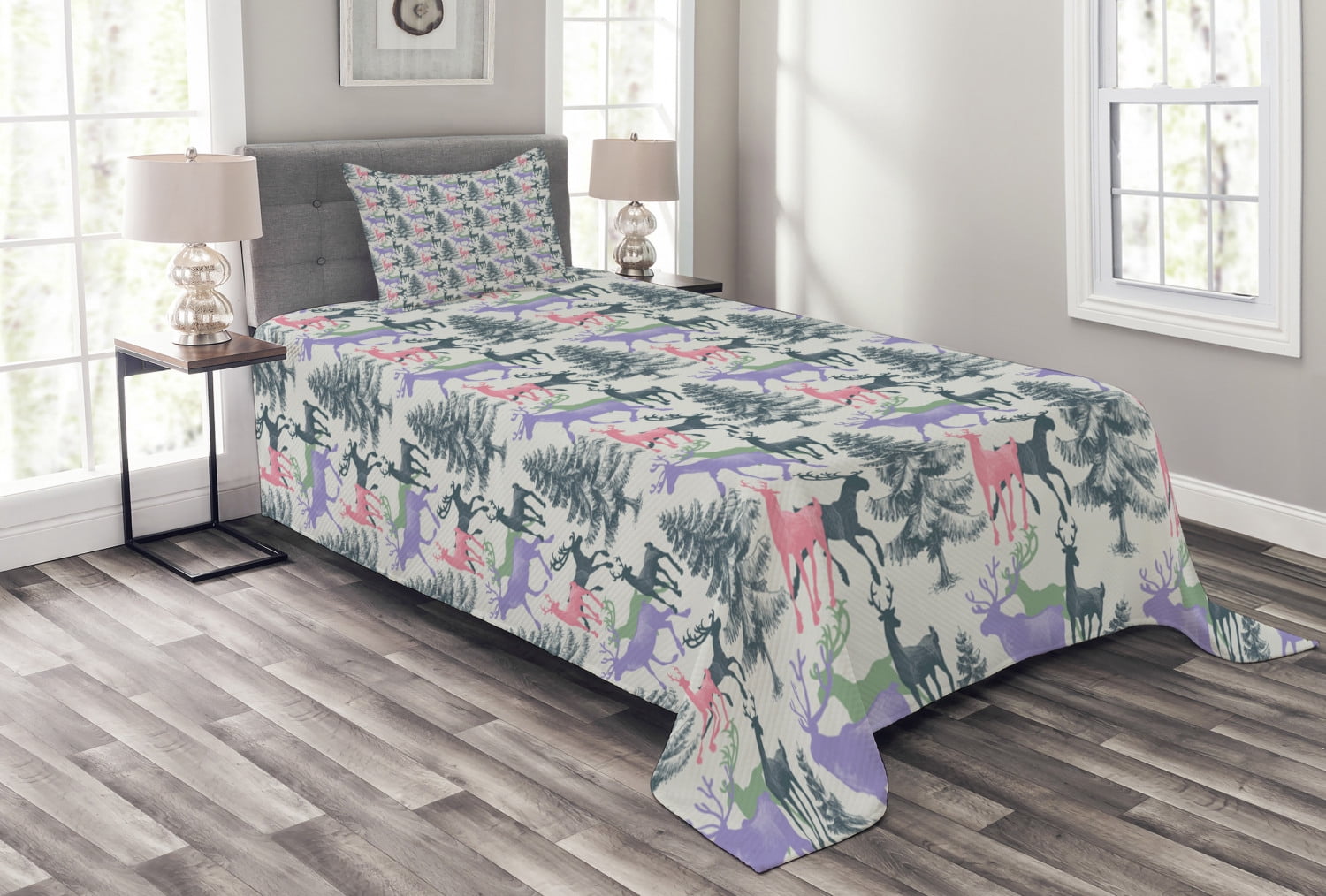 Ambesonne Deer Quilted Bedspread Set 2 Pcs, Pine Trees Winter Season ...