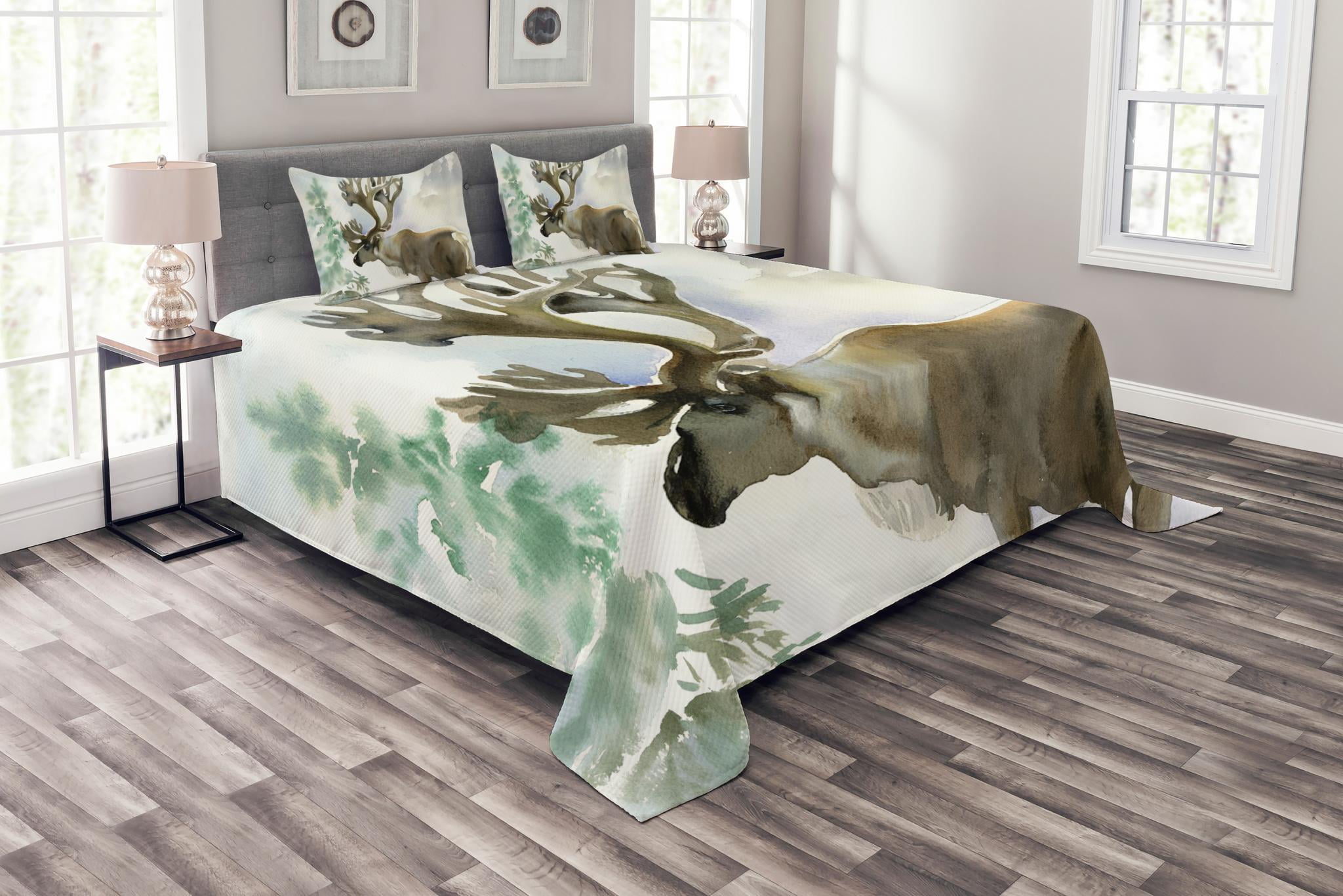 Ambesonne Deer Quilted Bedspread Set 3 Pcs, Winter Forest Paint Style ...