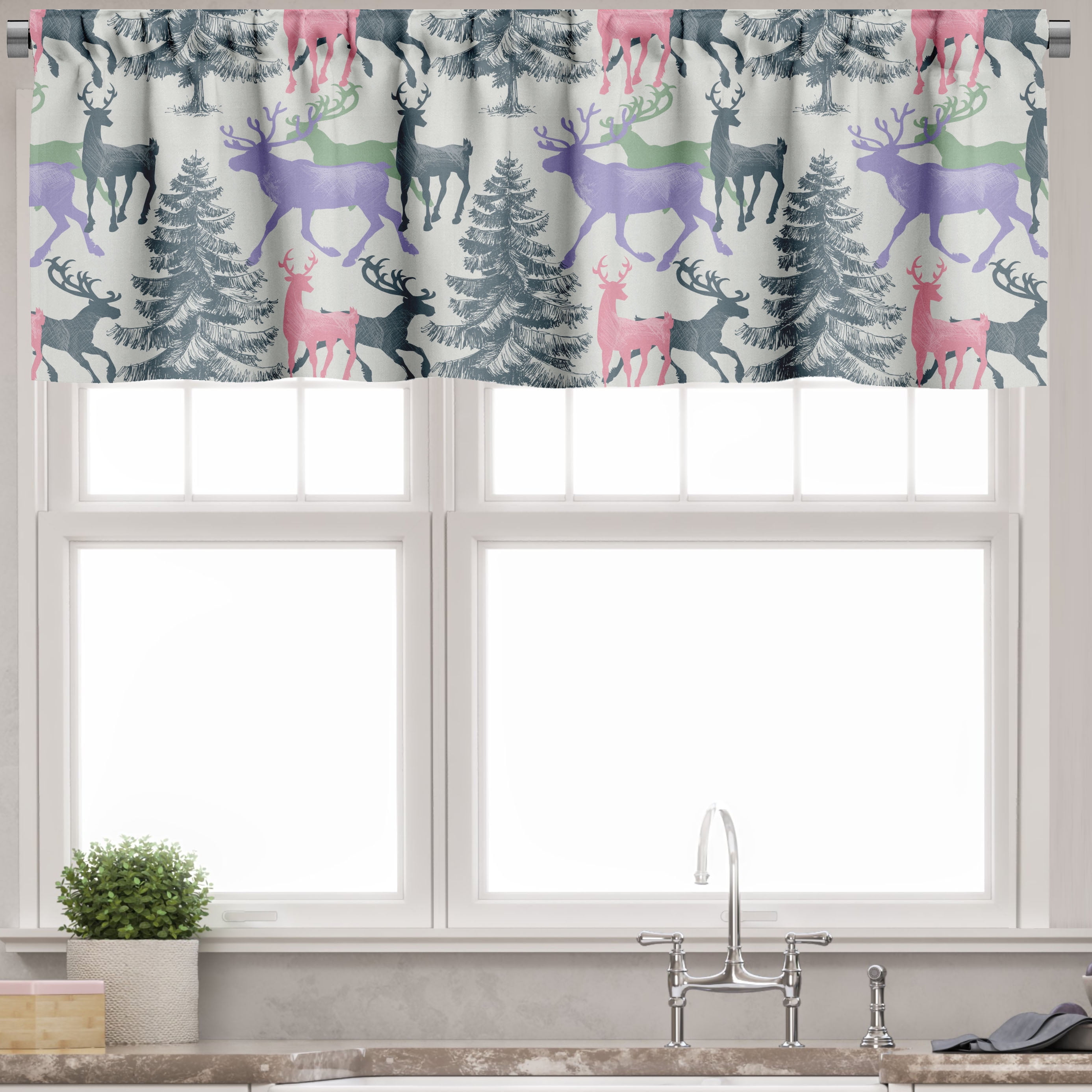 Ambesonne Deer Window Valance, Pine Trees Winter Season, 54" X 18 ...