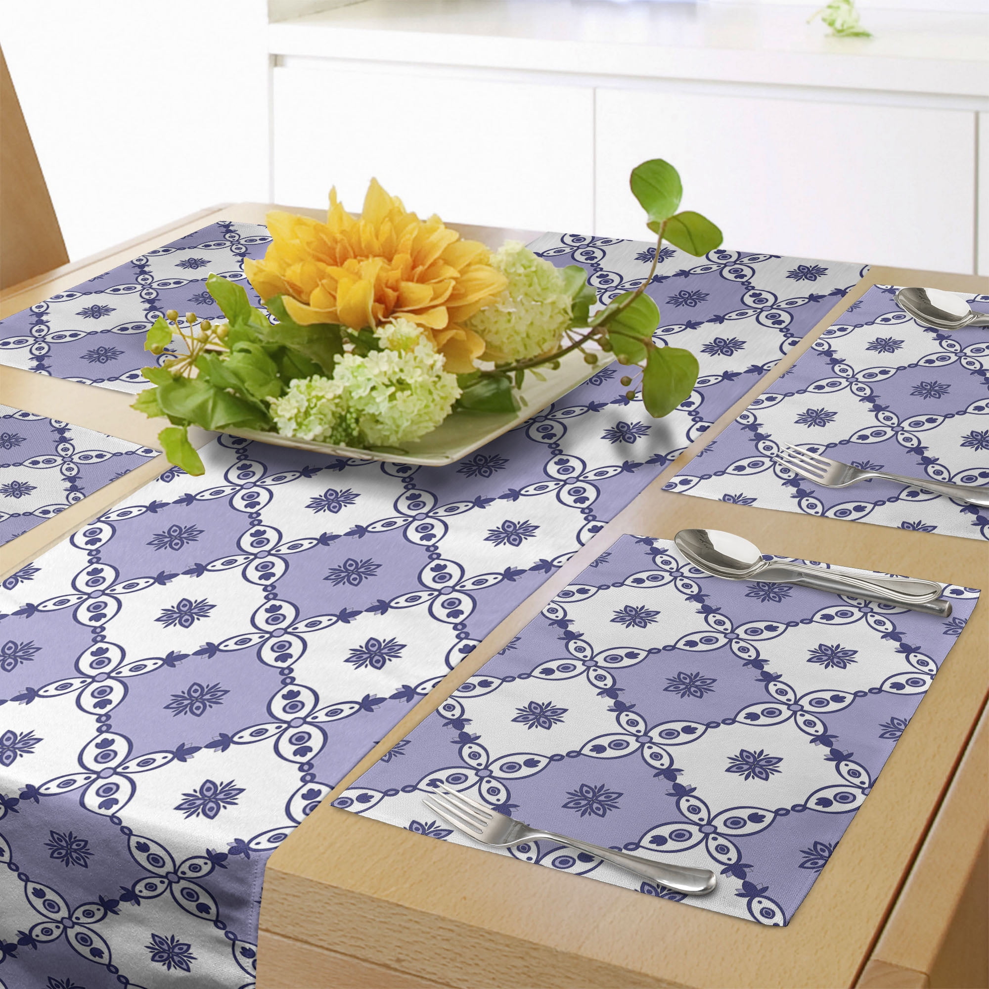 Ambesonne Delft Table Runner & Placemats, Folk Holland Inspired Motif ...