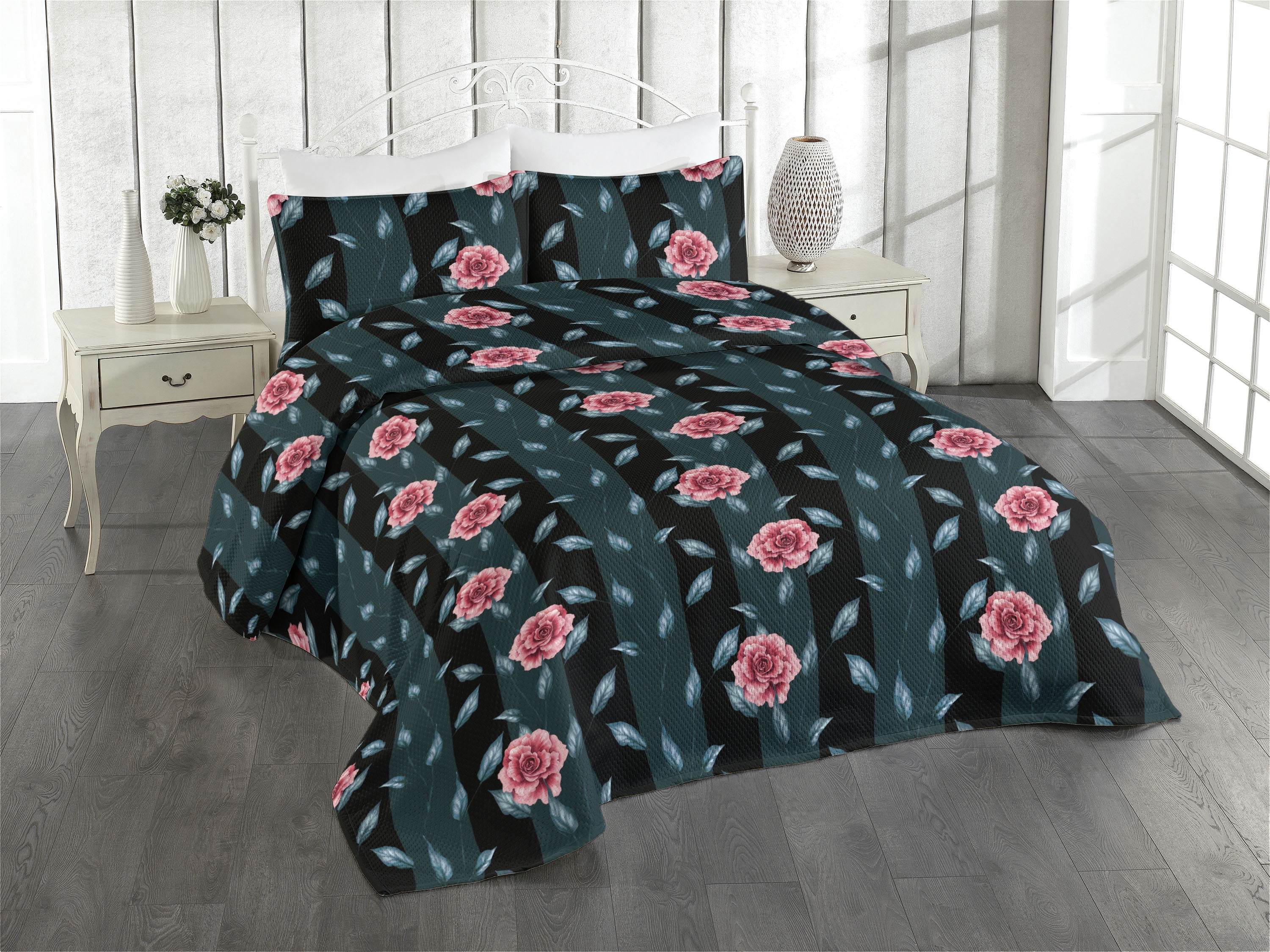 Ambesonne Delicate Roses Quilted Bedspread Set 3 Pcs, Art Modern Floral ...