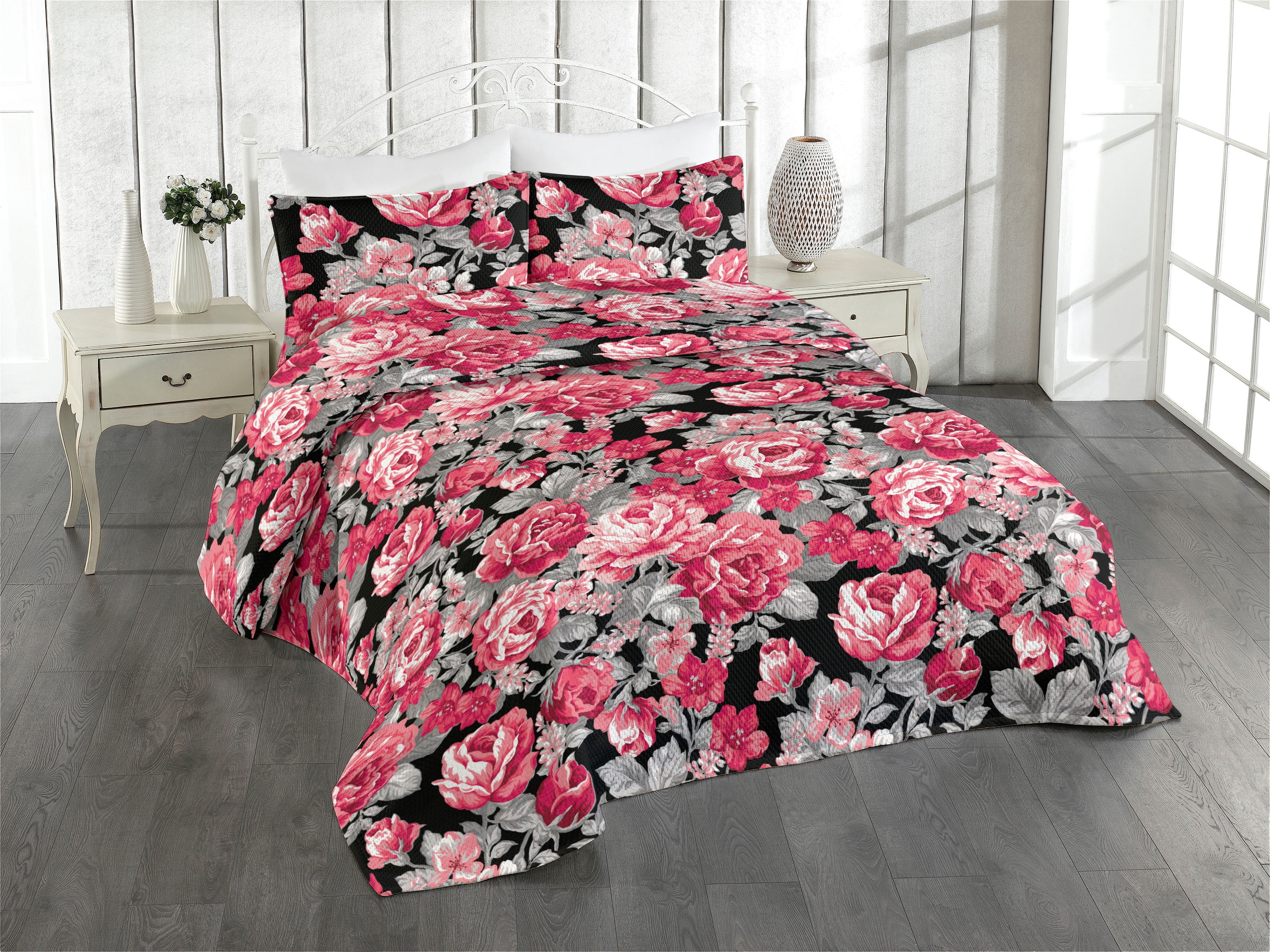 Ambesonne Delicate Roses Quilted Bedspread Set 3 Pcs, Neutral Floral ...