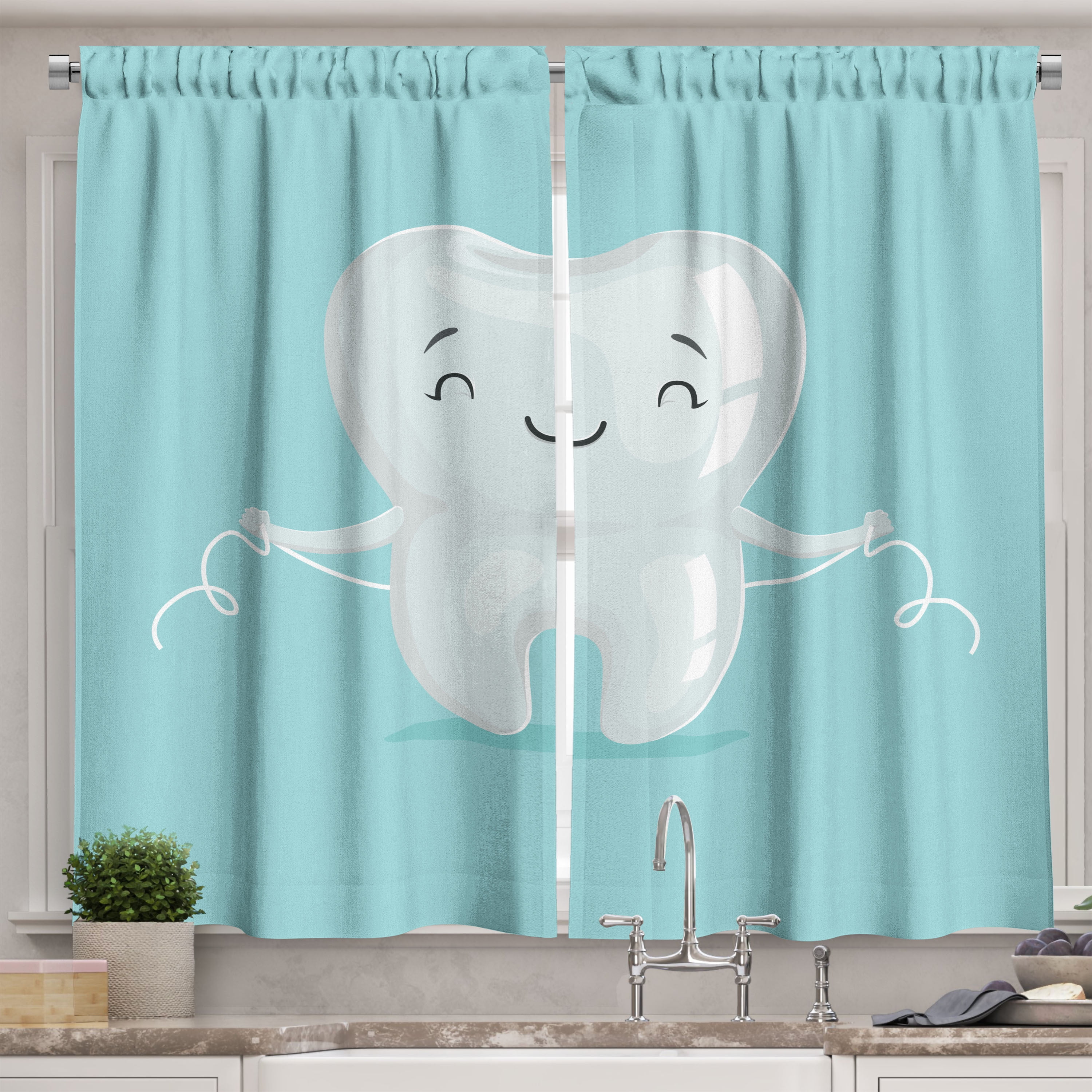 Ambesonne Dental Kitchen Curtains, Healthy Tooth Cartoon Style, 55"x45 ...