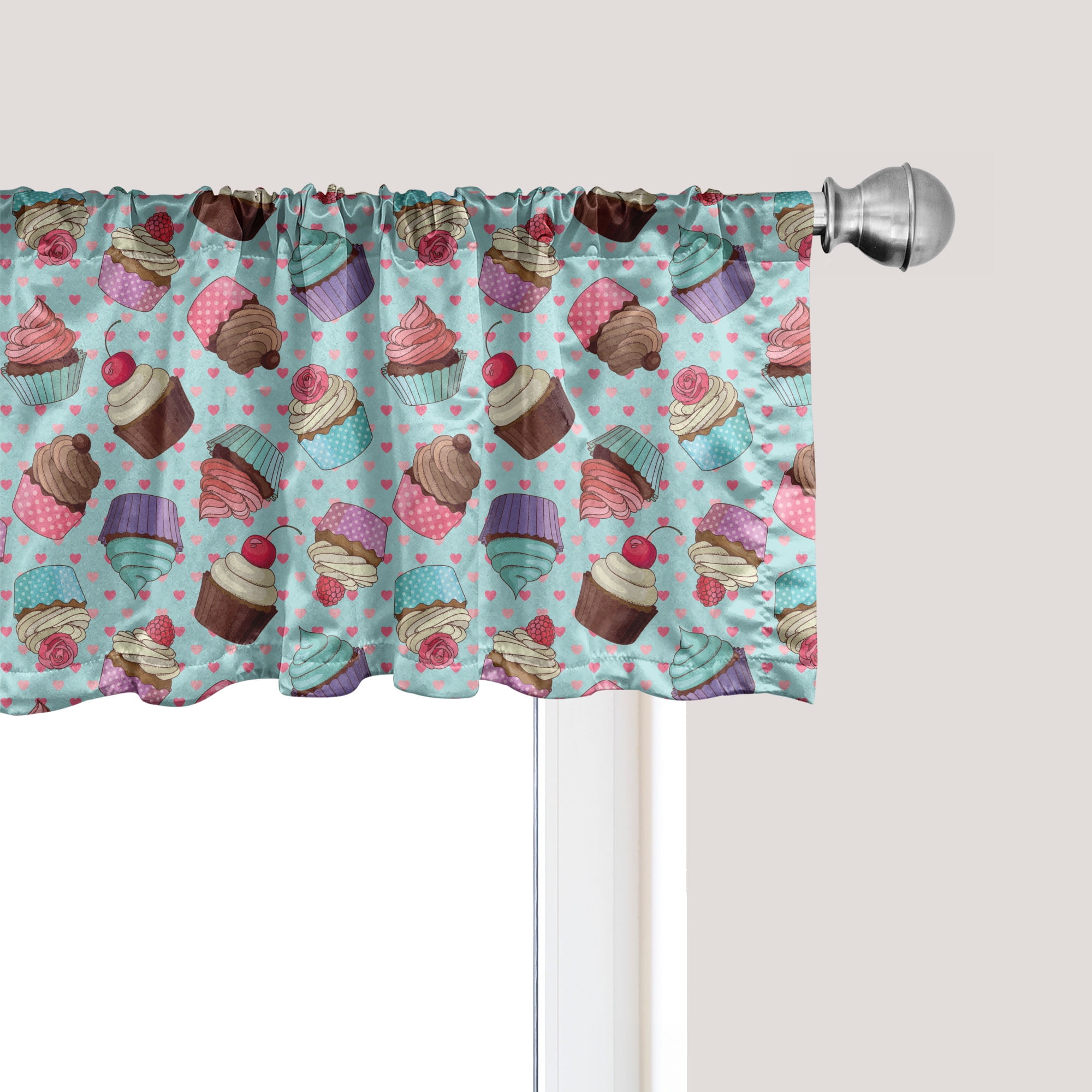 Ambesonne Dessert Window Valance, Hearts and Cupcakes, 54" X 18 ...